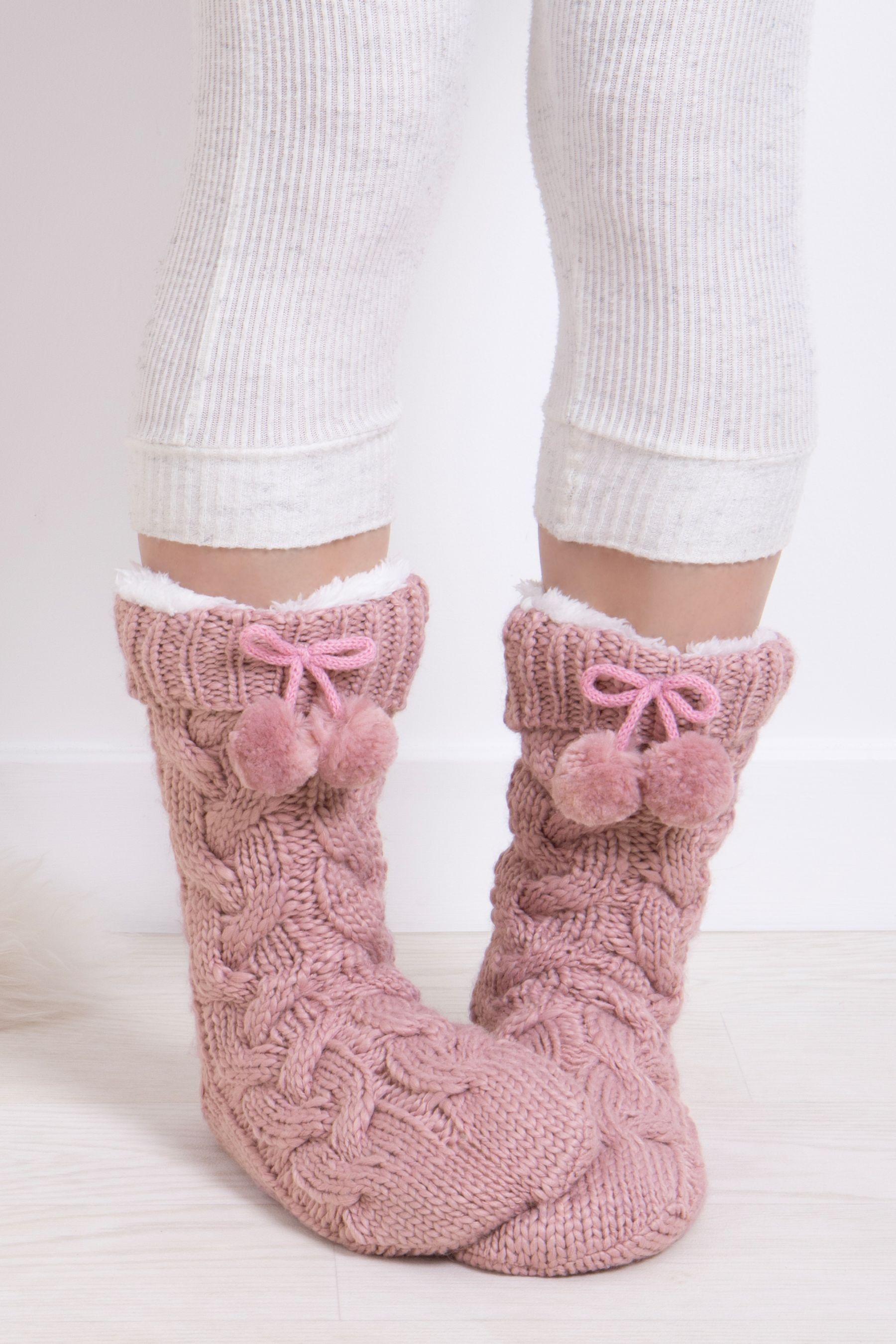 Buy Totes Pink Ladies Chunky Knit Slipper Socks with Poms from the Next ...