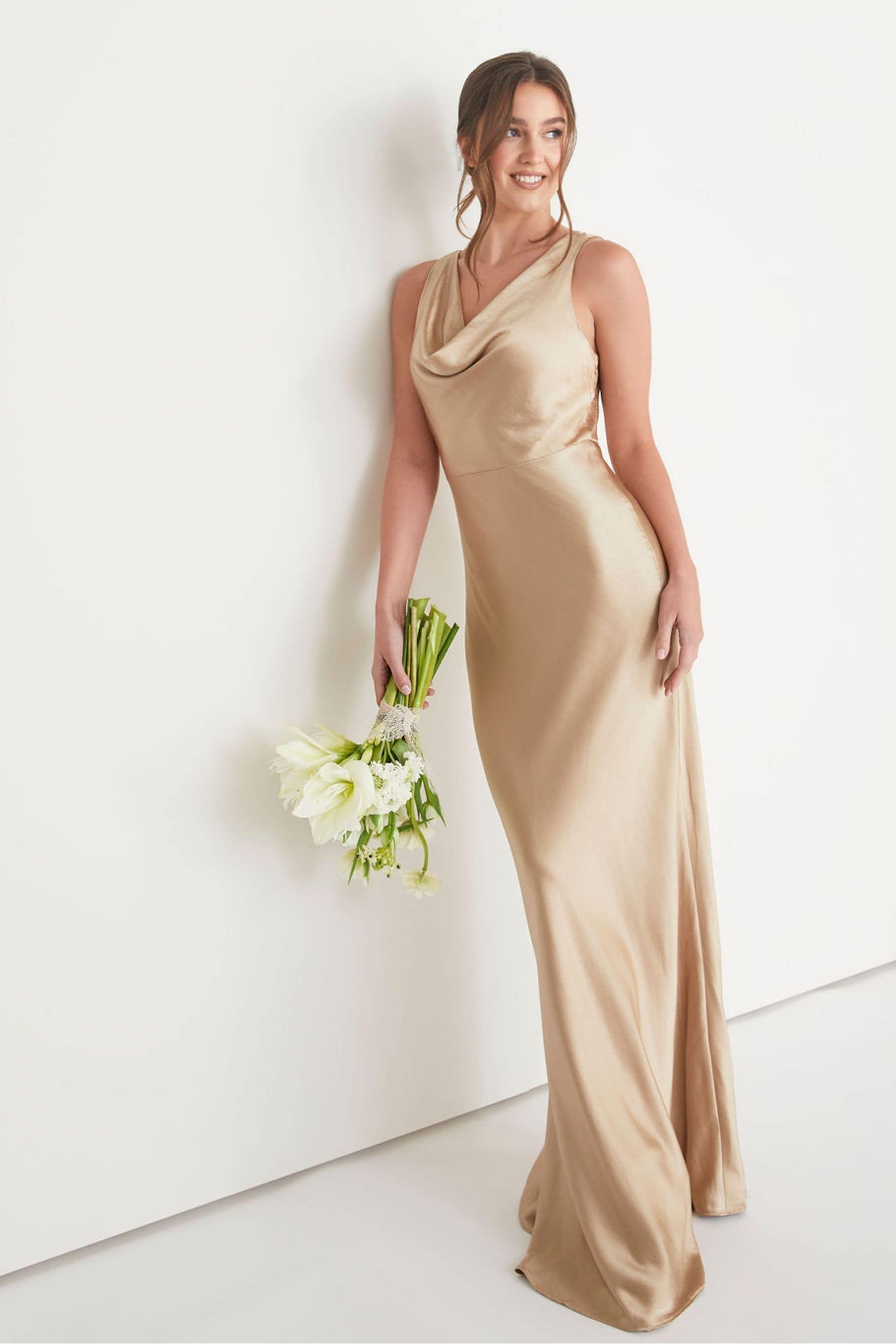 Buy Six Stories Champagne Gold Cowl Front Satin Bridesmaid Dress from ...