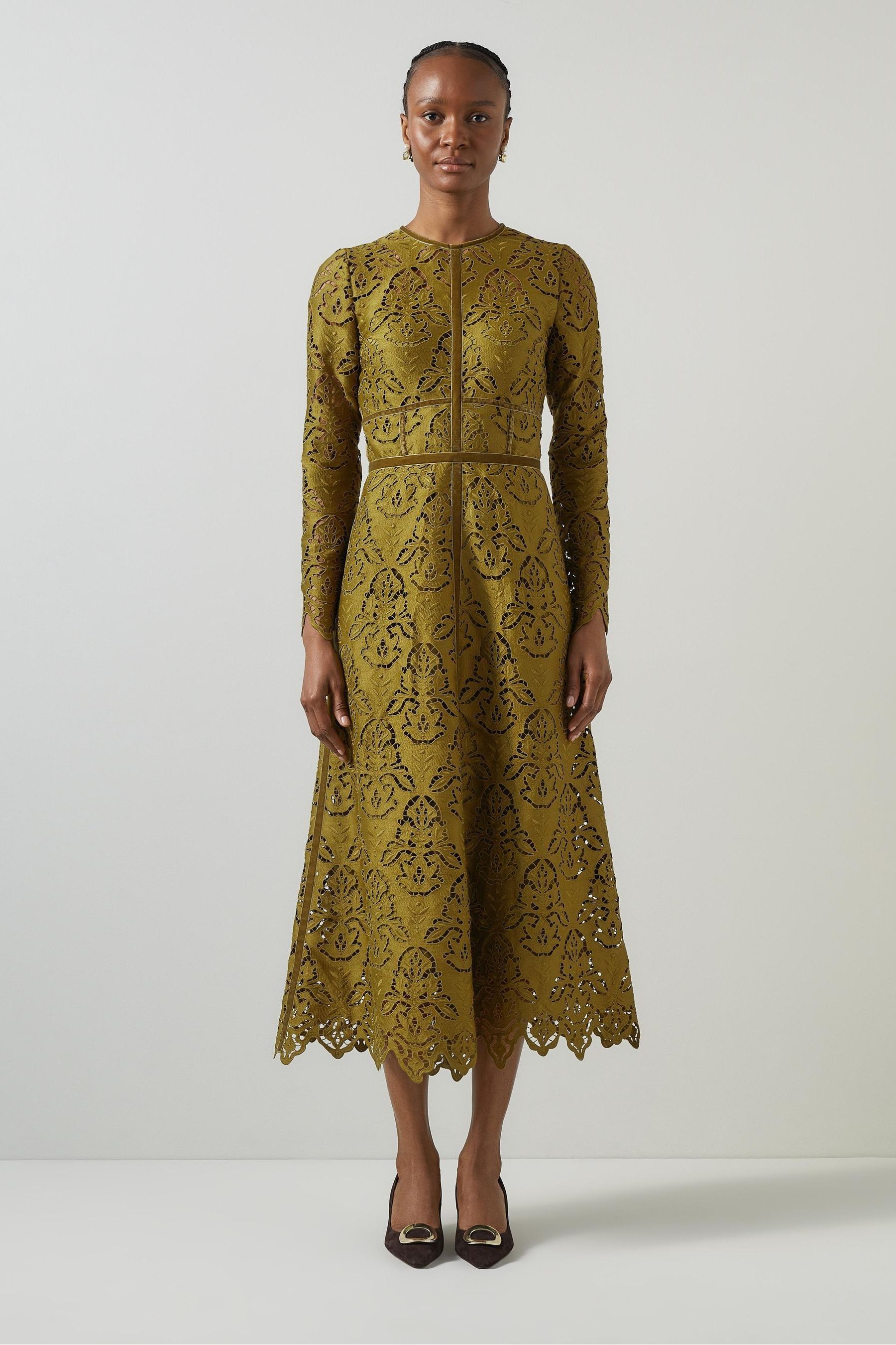 Buy LK Bennett Green Gracie Moss Trimmed Lace Dress from the Next UK ...