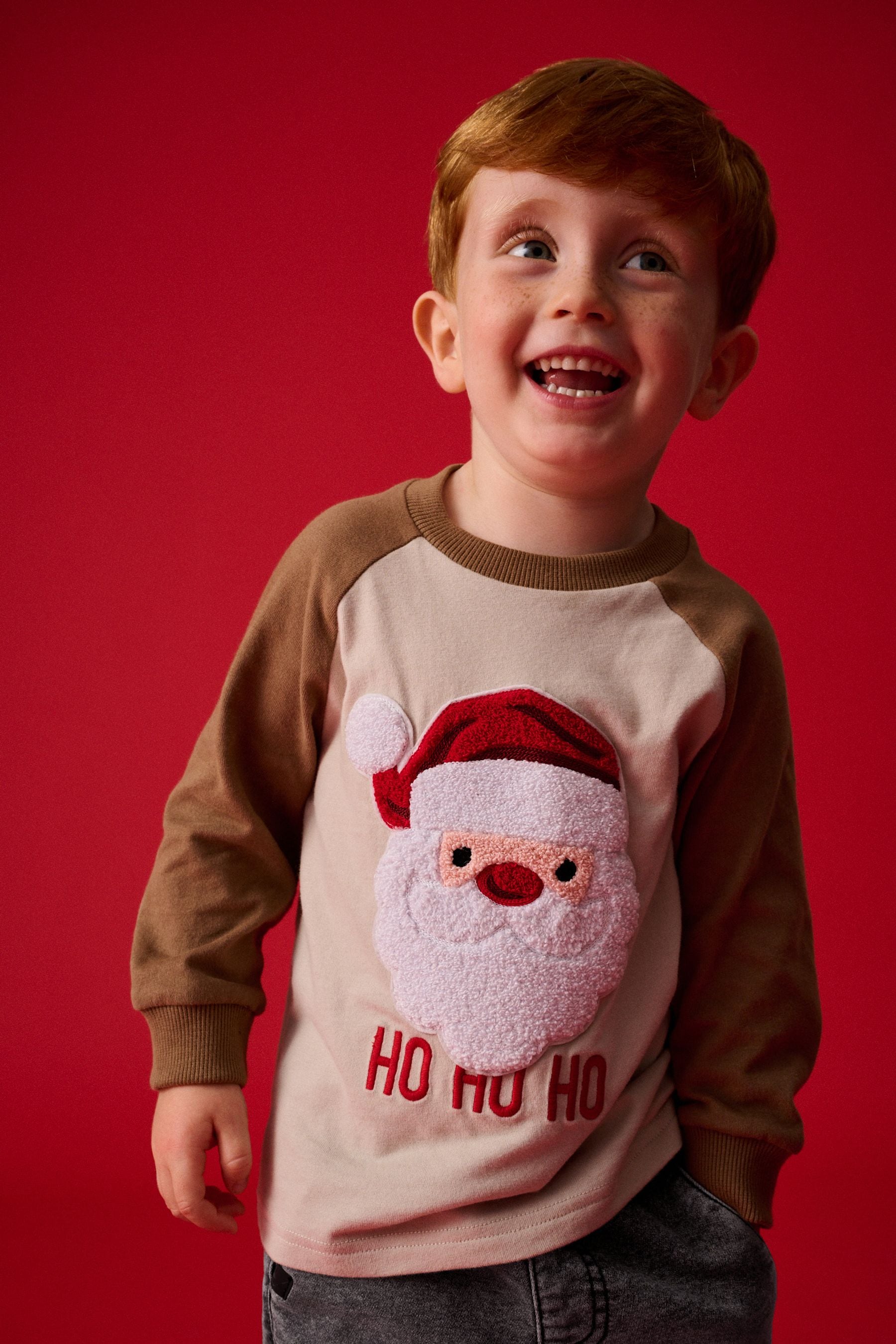 Buy Brown/White Long Sleeves Christmas 100% Cotton T-Shirt (3mths-7yrs ...
