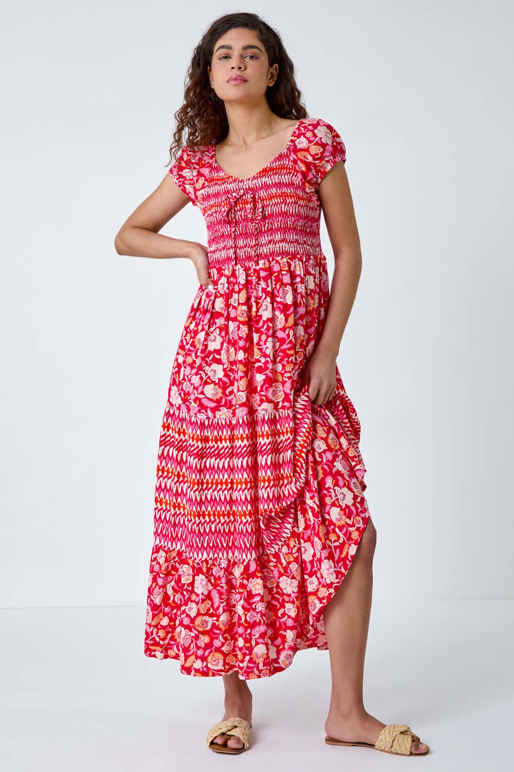 Buy Roman Red Mixed Print Shirred Midi Dress from the Next UK online shop