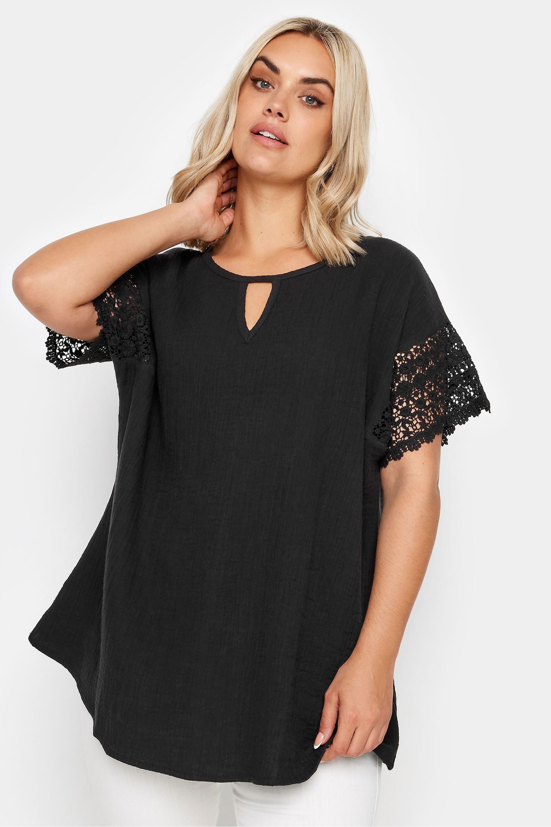 Buy Yours Curve Black Cheesecloth Lace Insert 100% Cotton Top from the ...