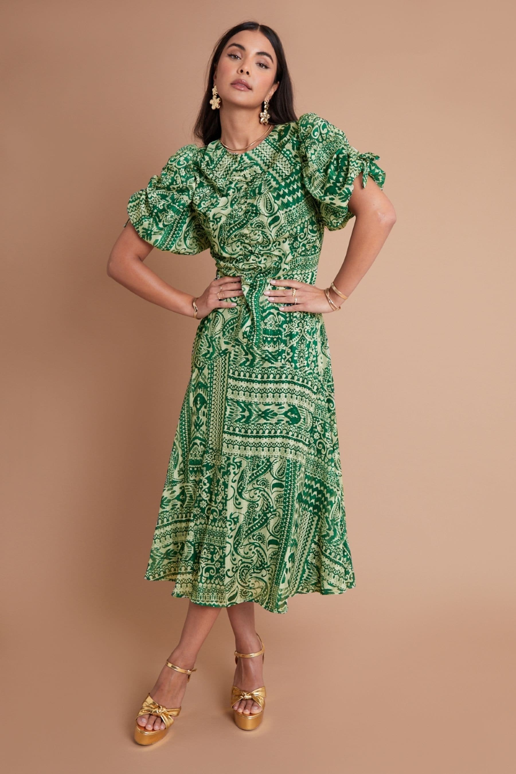 Buy Another Sunday Green Sparkle Aztec Puff Sleeve Midi Dress from the ...