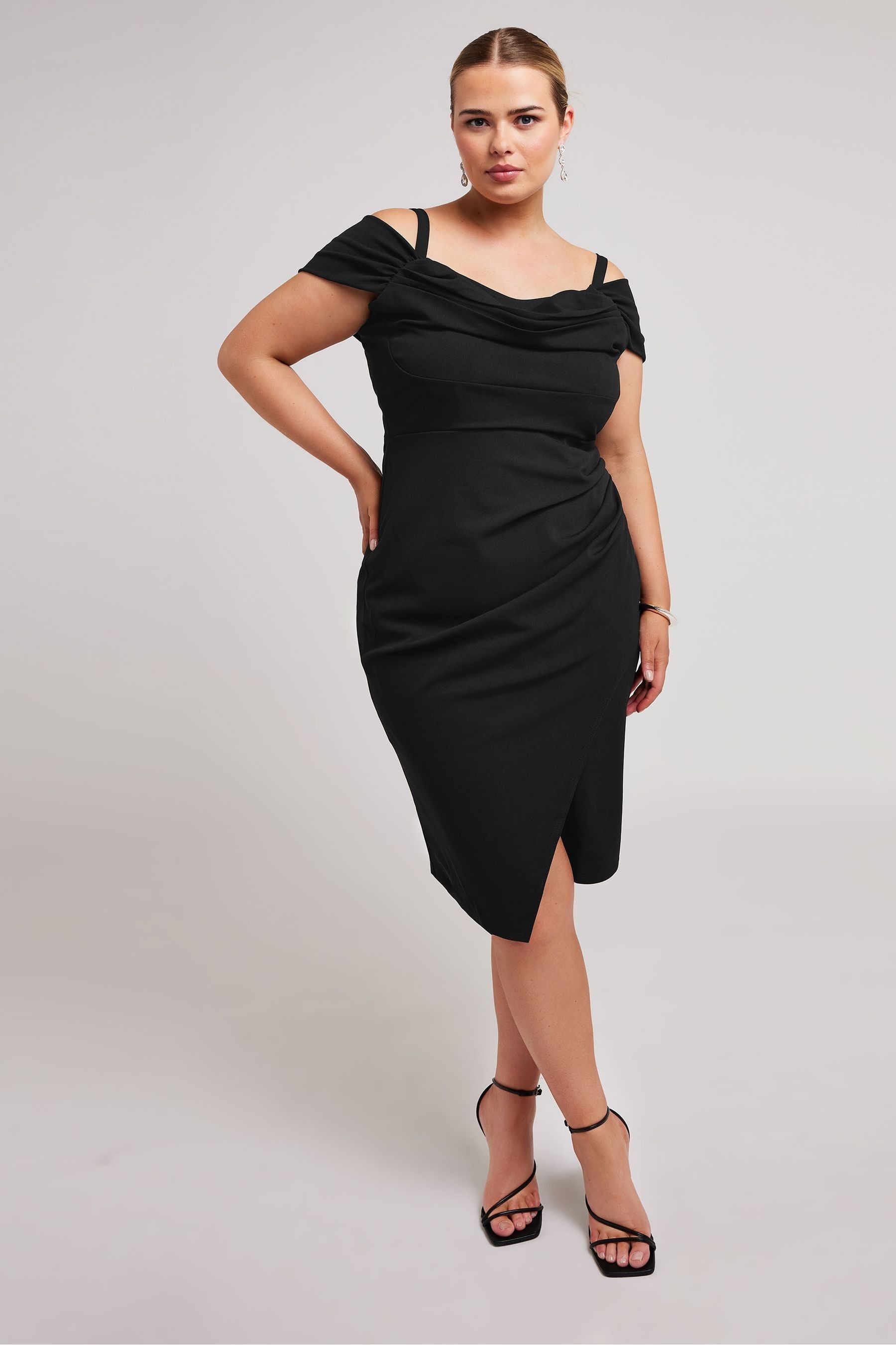 Buy Yours Curve Black Cold Shoulder Ruched Tulip Hem Dress from the ...