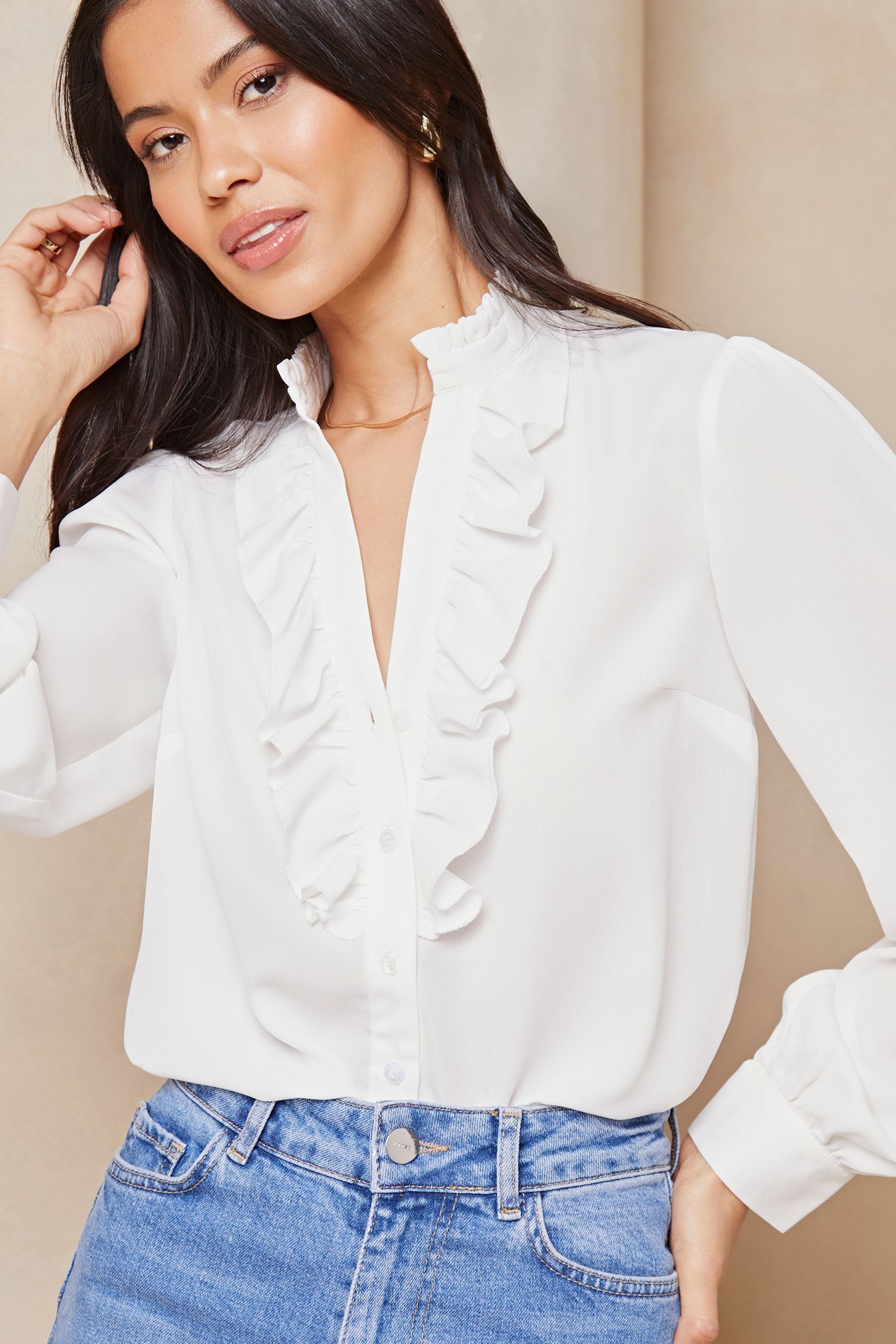 Buy Lipsy Ivory White Ruffle Placket V Neck Blouse from the Next UK ...