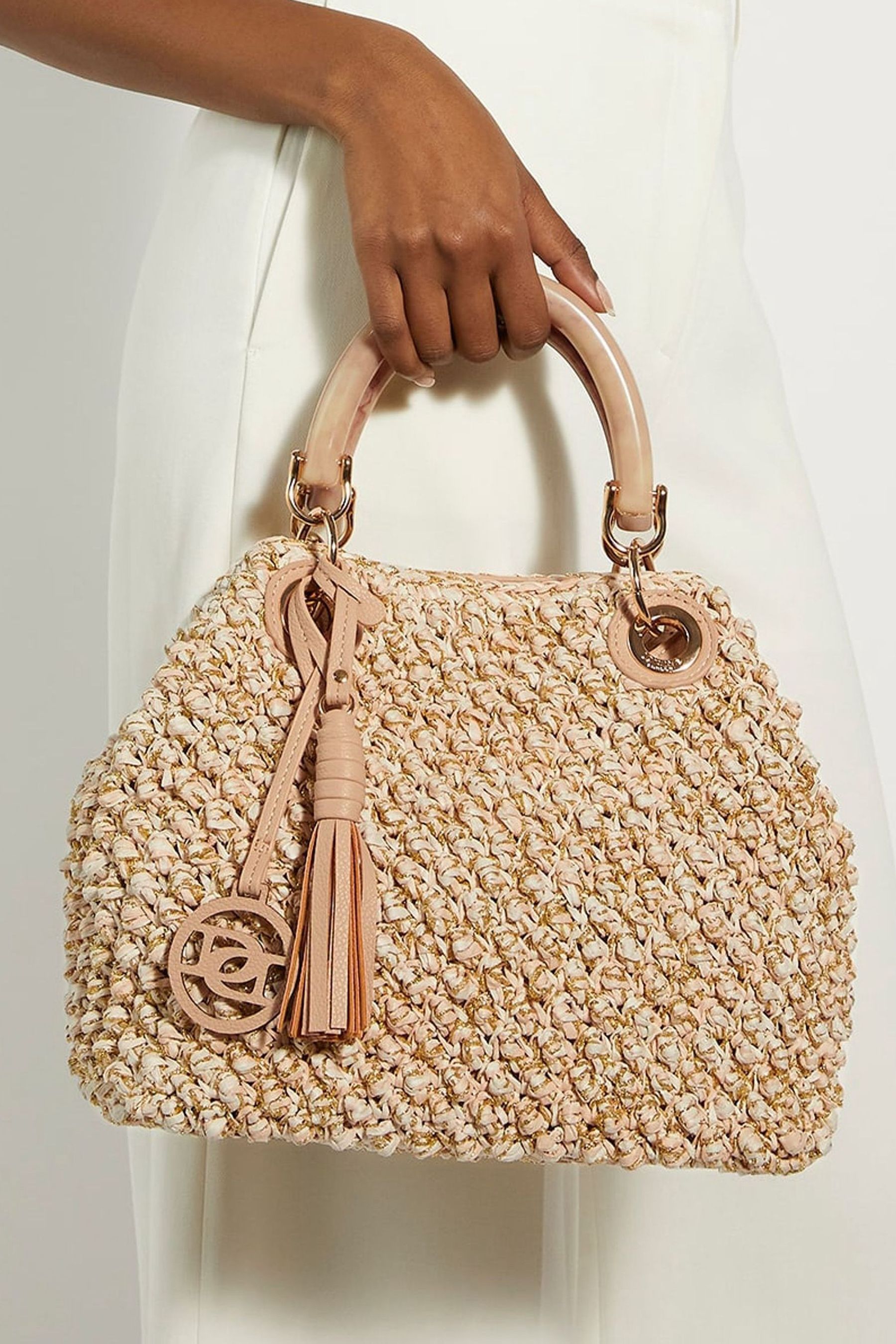 Buy Dune London Cream Deltaz Wooden Handle Raffia Grab Bag from the ...