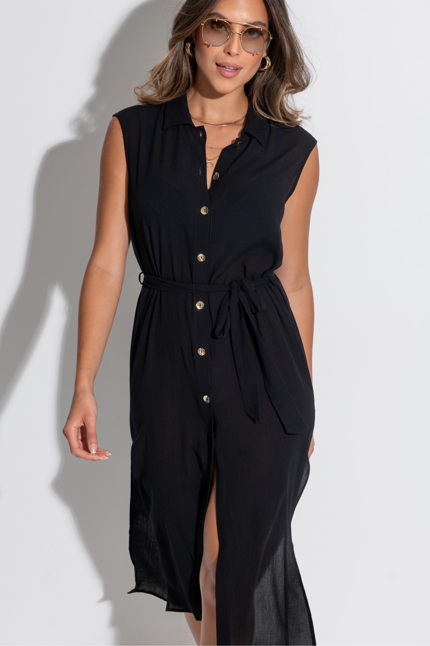 Buy Pour Moi Black Sleeveless Sheer Crinkle Maxi Beach Dresses from the ...