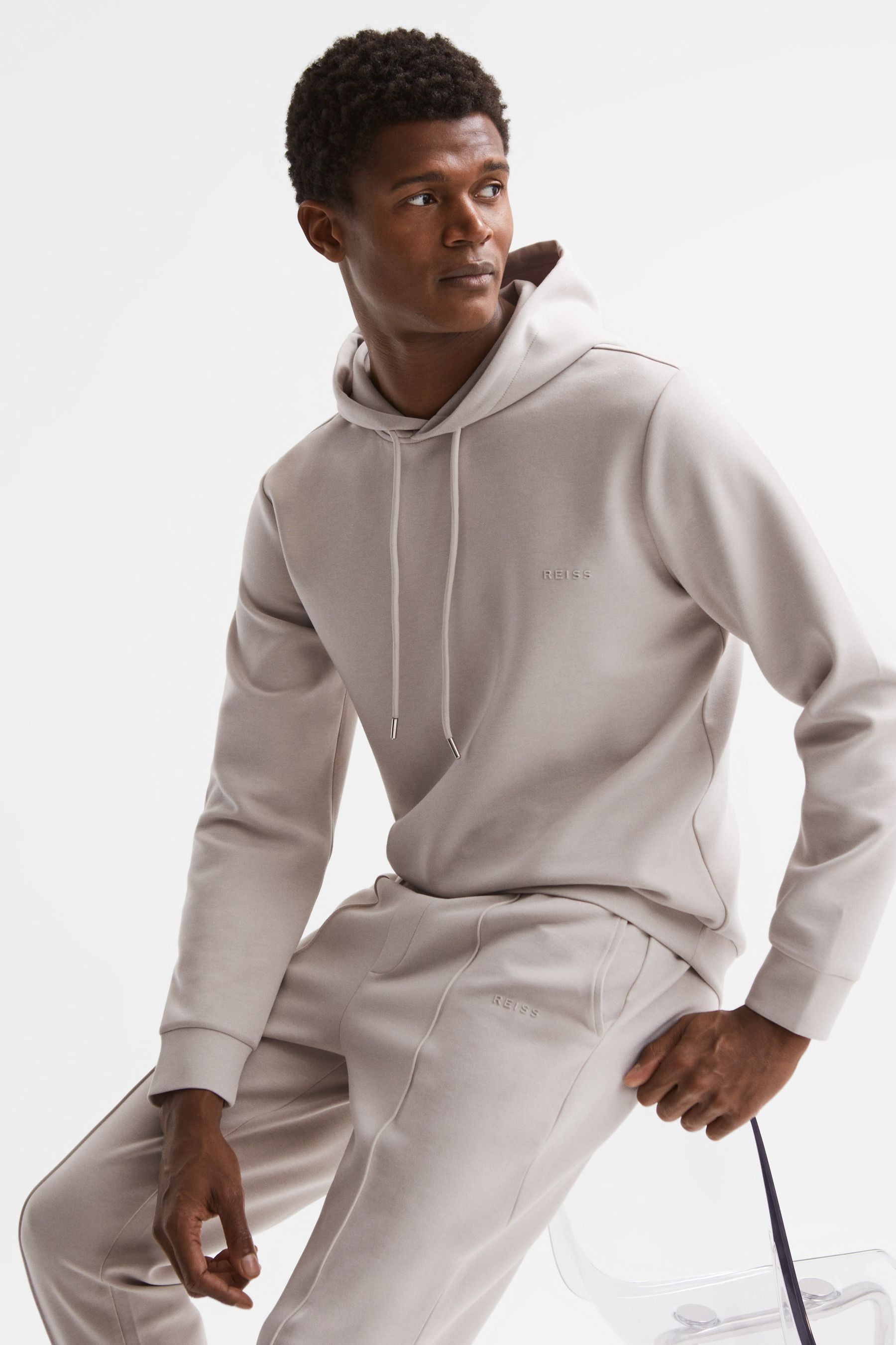 Buy Reiss Off White James Slim Fit Interlock Drawstring Motif Hoodie ...