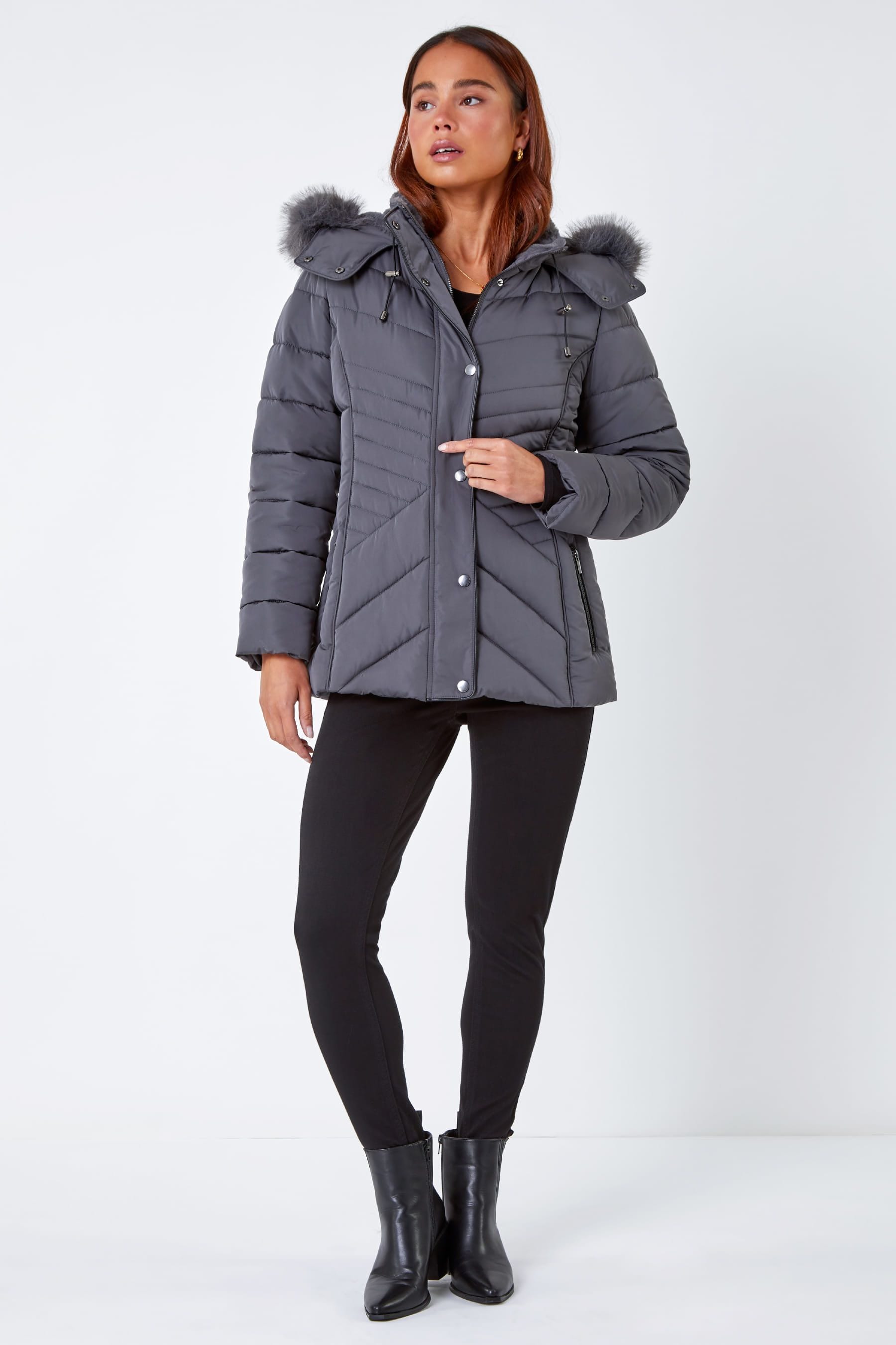 Buy Roman Grey Petite Faux Fur Hood Puffer Jacket from the Next UK ...