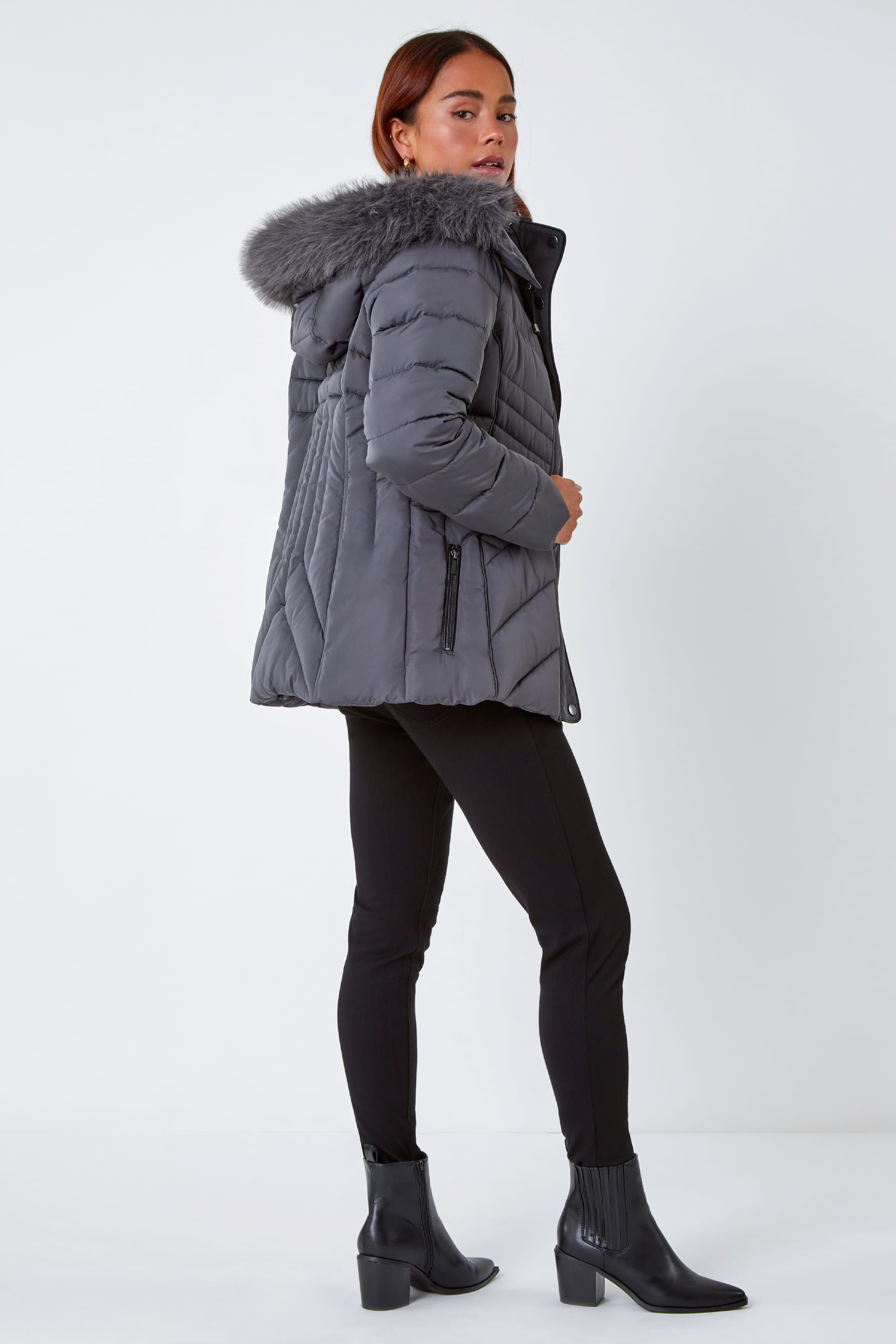 Buy Roman Grey Petite Faux Fur Hood Puffer Jacket from the Next UK ...