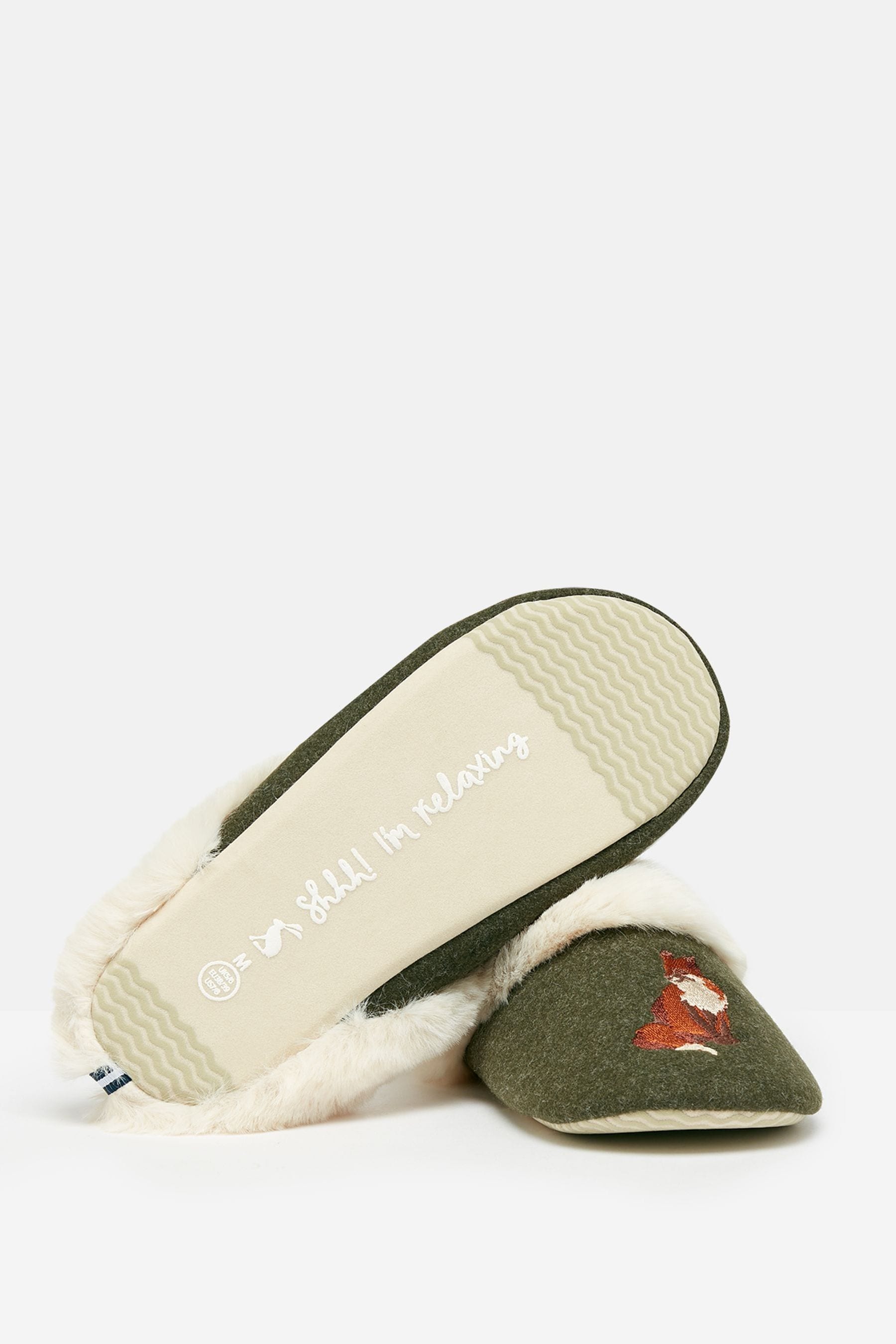Buy Joules Slippet Luxe Green Faux Fur Lined Embroidered Mule Slippers ...