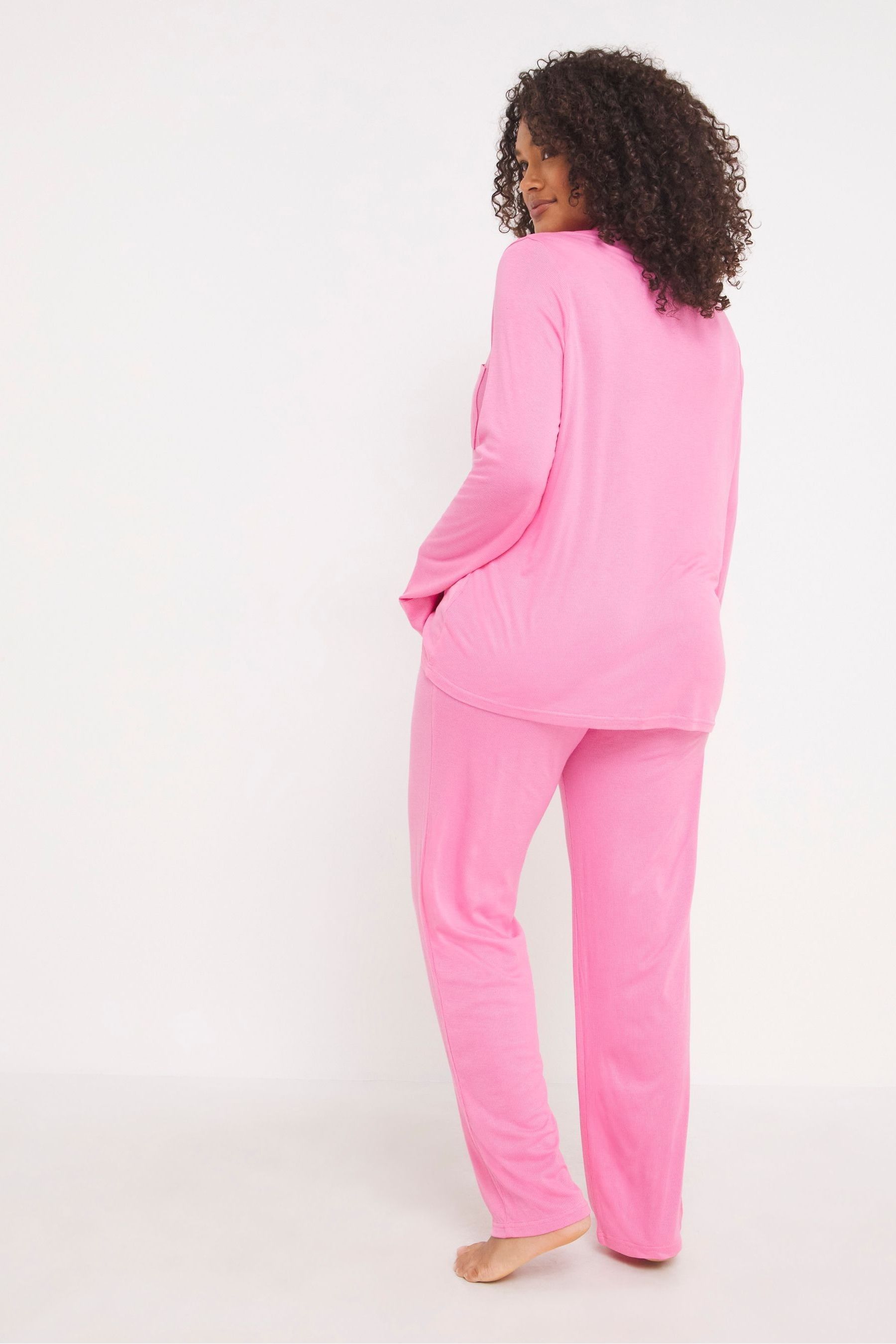 Buy Simply Be Pink Pretty Secrets Ribbed Button Through Pyjama Set from ...