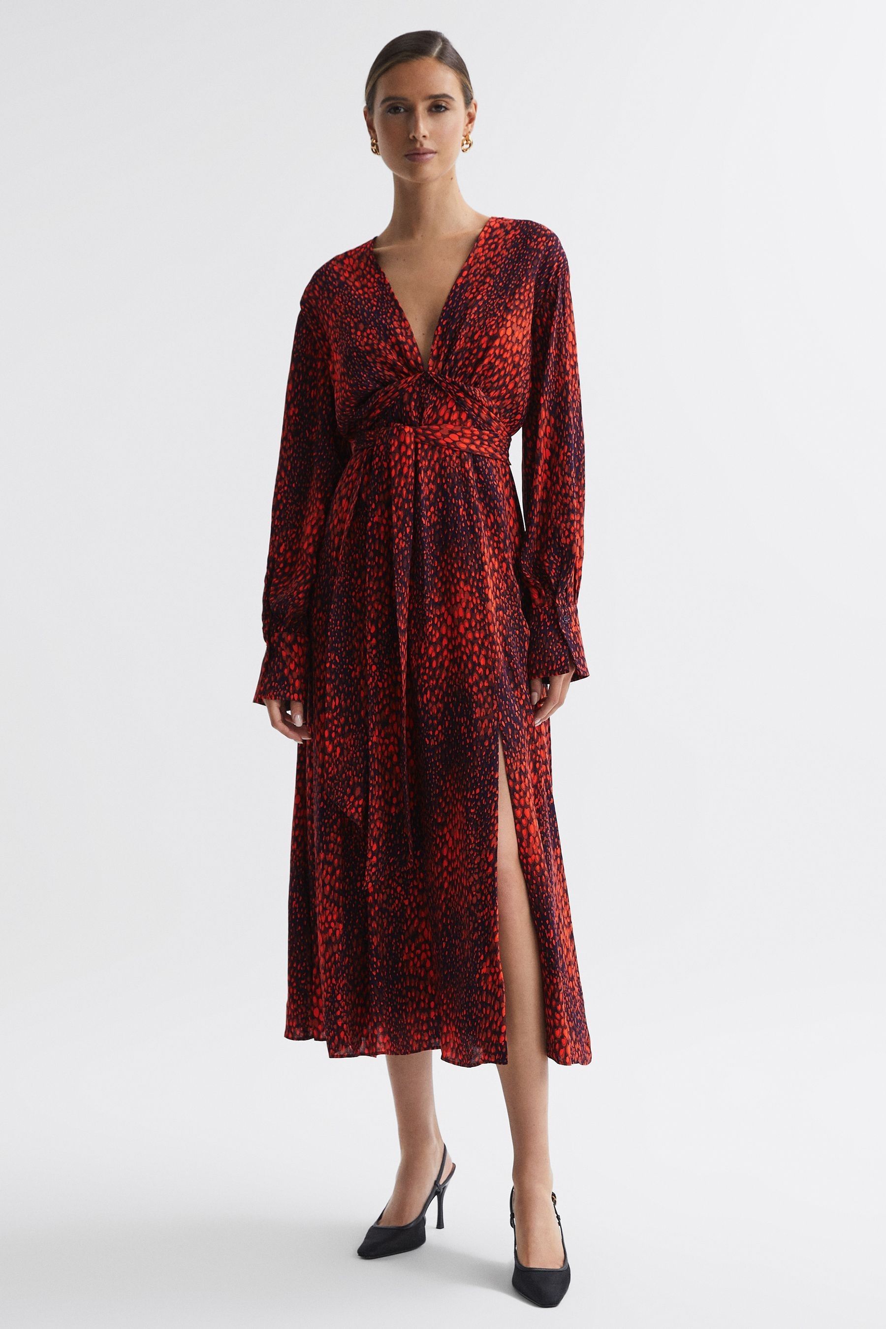 Buy Reiss Red Maya Petite Animal Print Blouson Sleeve Midi Dress from ...