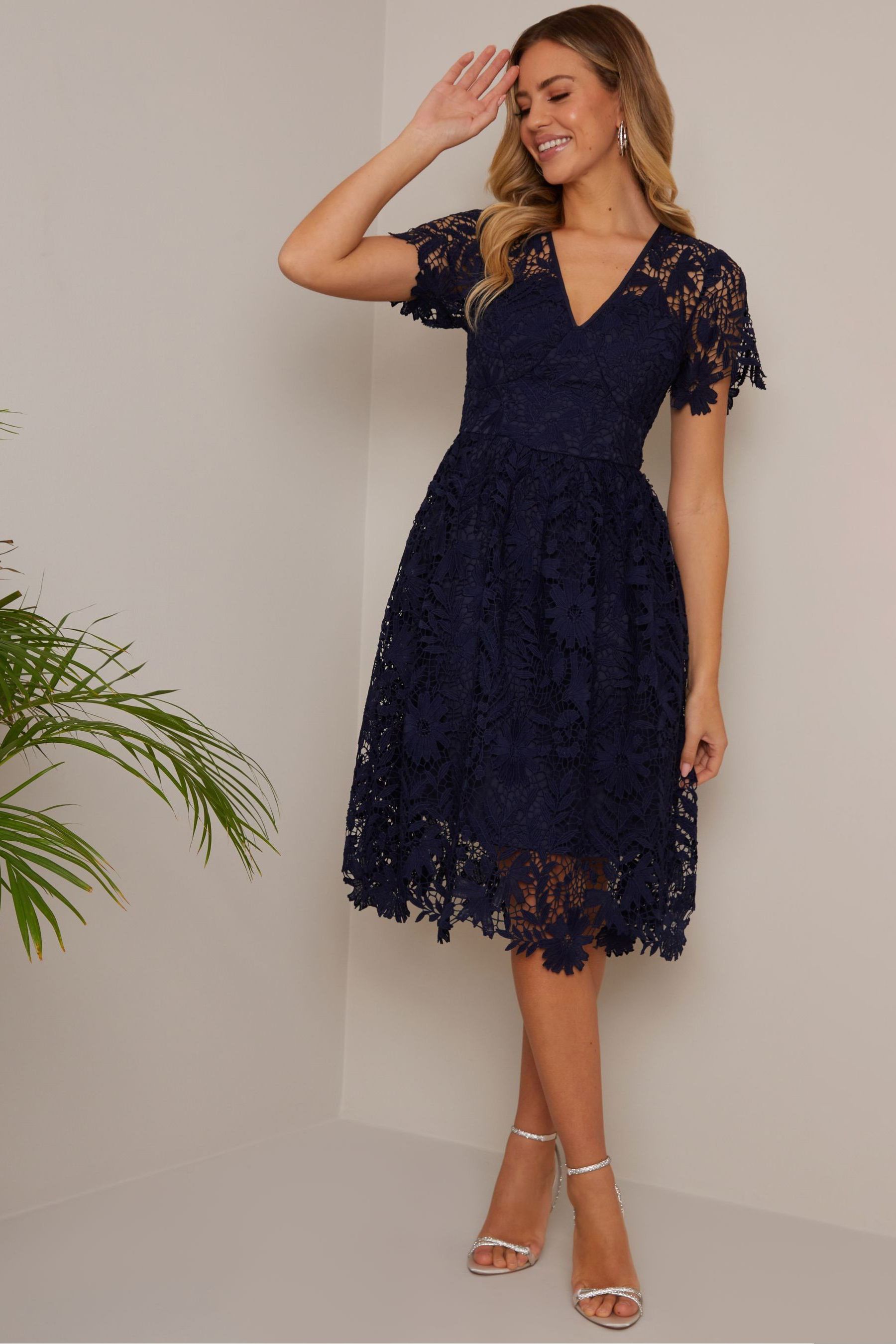 Buy Chi Chi London Blue V-Neck Fit and Flare Lace Midi Dress from Next ...