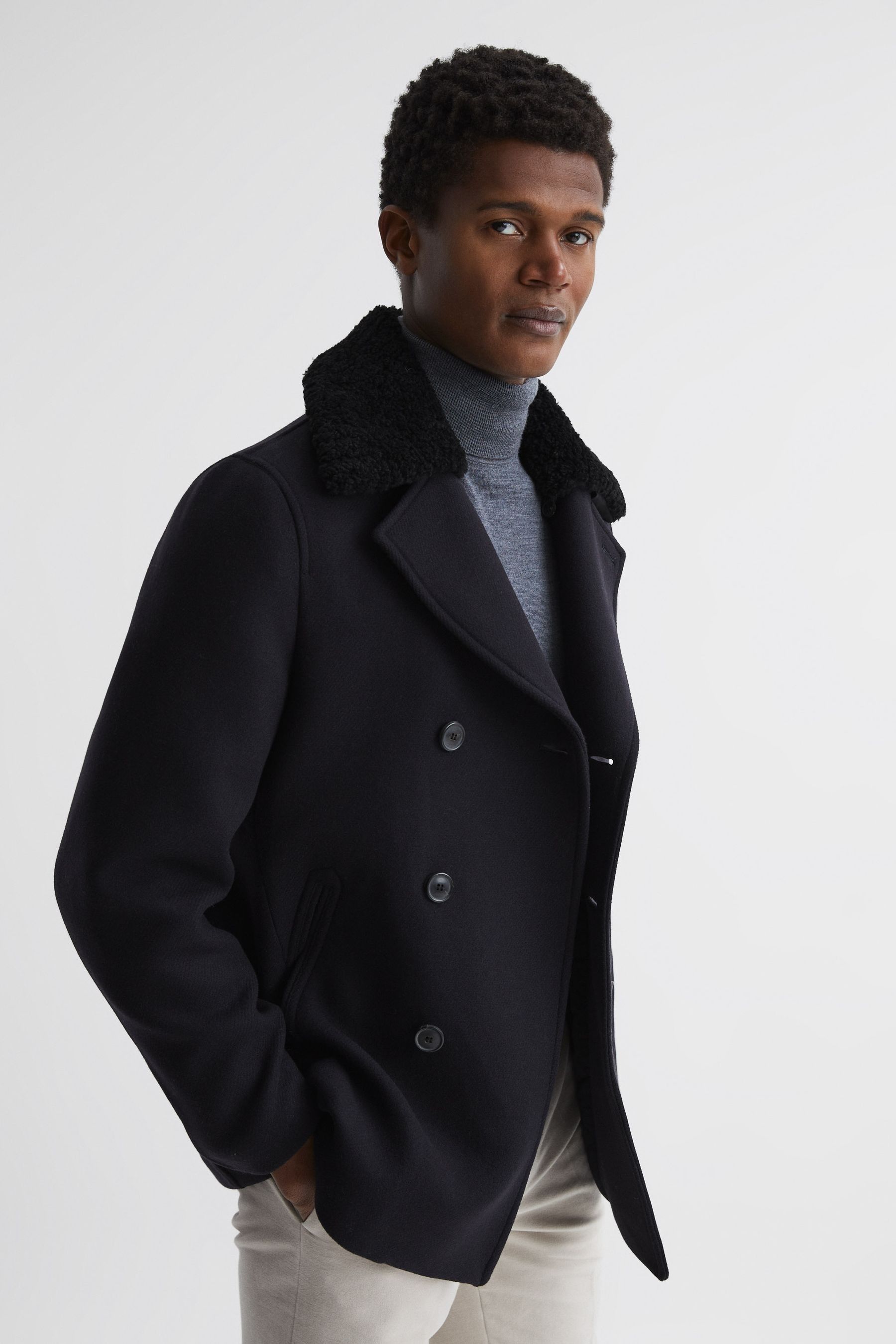 Buy Reiss Navy Wind Shearling Mid Length Pea Coat from the Next UK ...