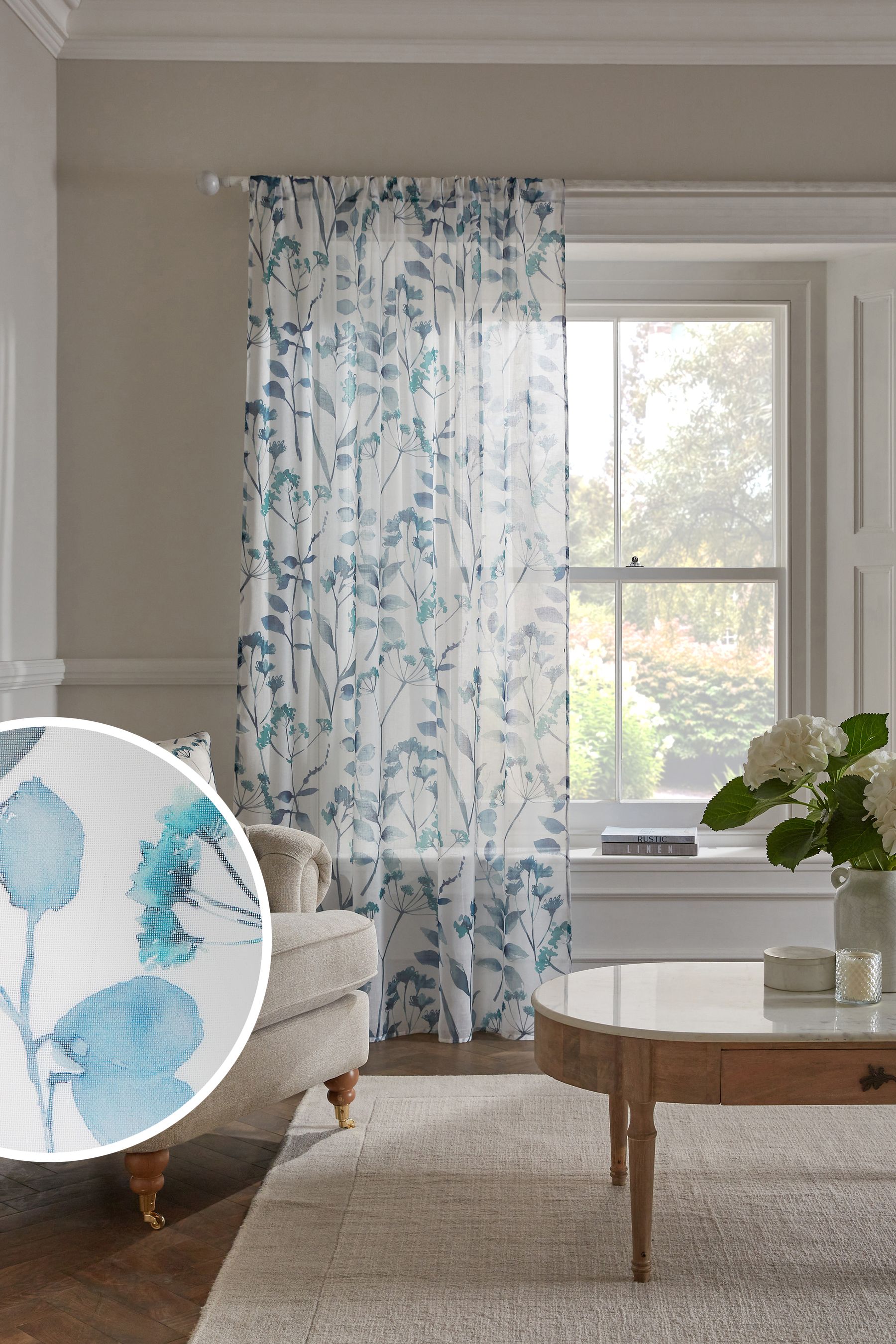 Buy Blue Isla Floral Printed Slot Top Unlined Sheer Panel Voile Curtain ...