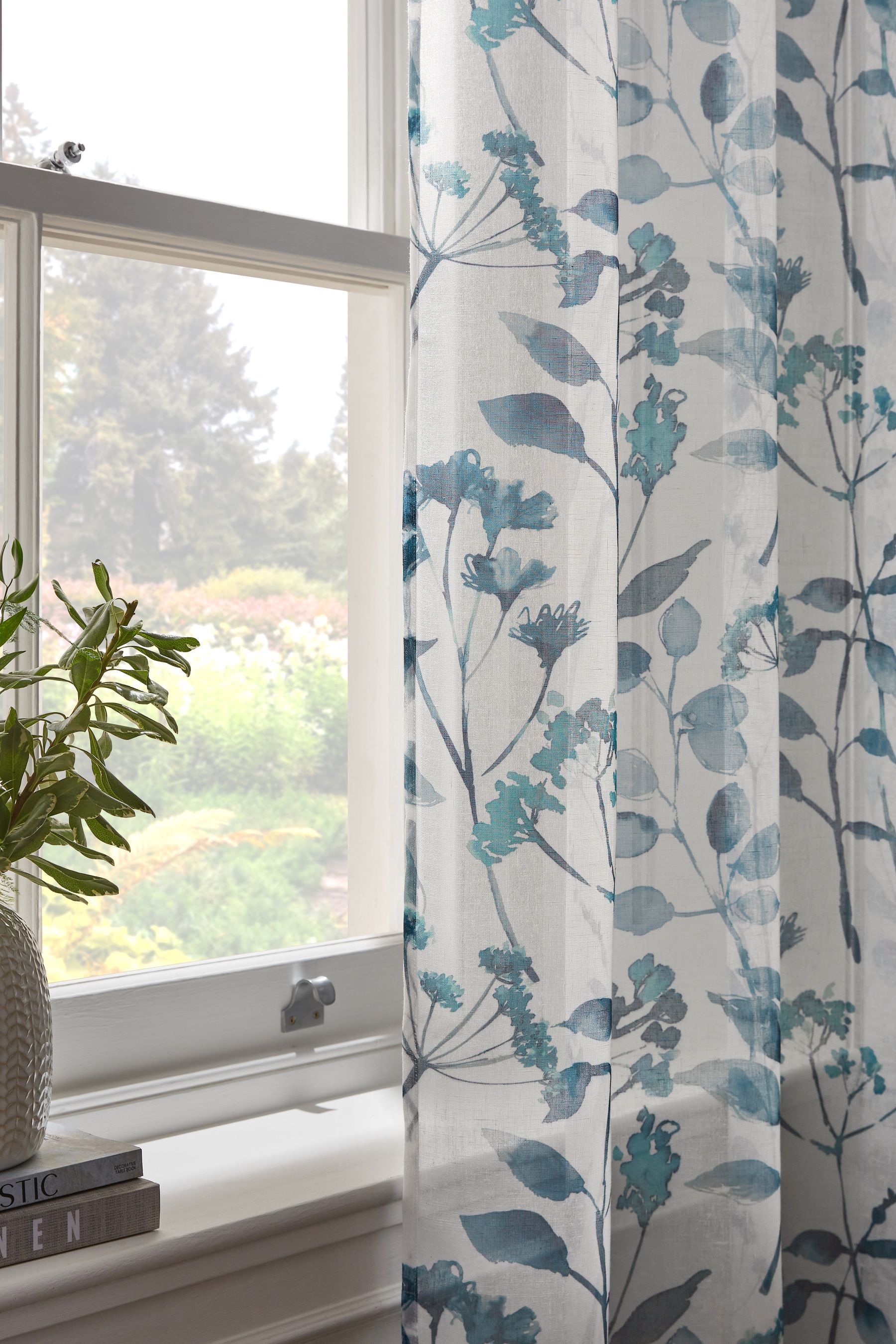 Buy Blue Isla Floral Printed Slot Top Unlined Sheer Panel Voile Curtain ...