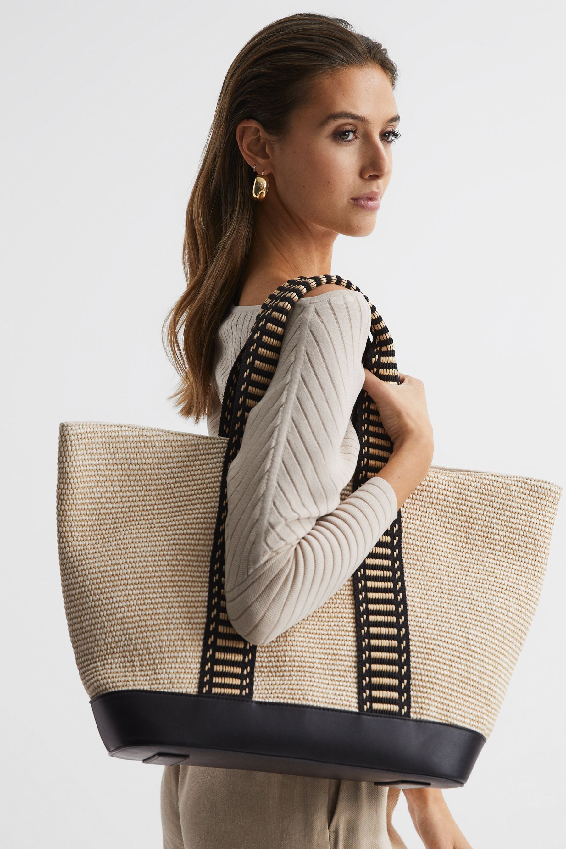 Buy Reiss Natural/Black Daniela Raffia And Webbing Tote Bag from the ...