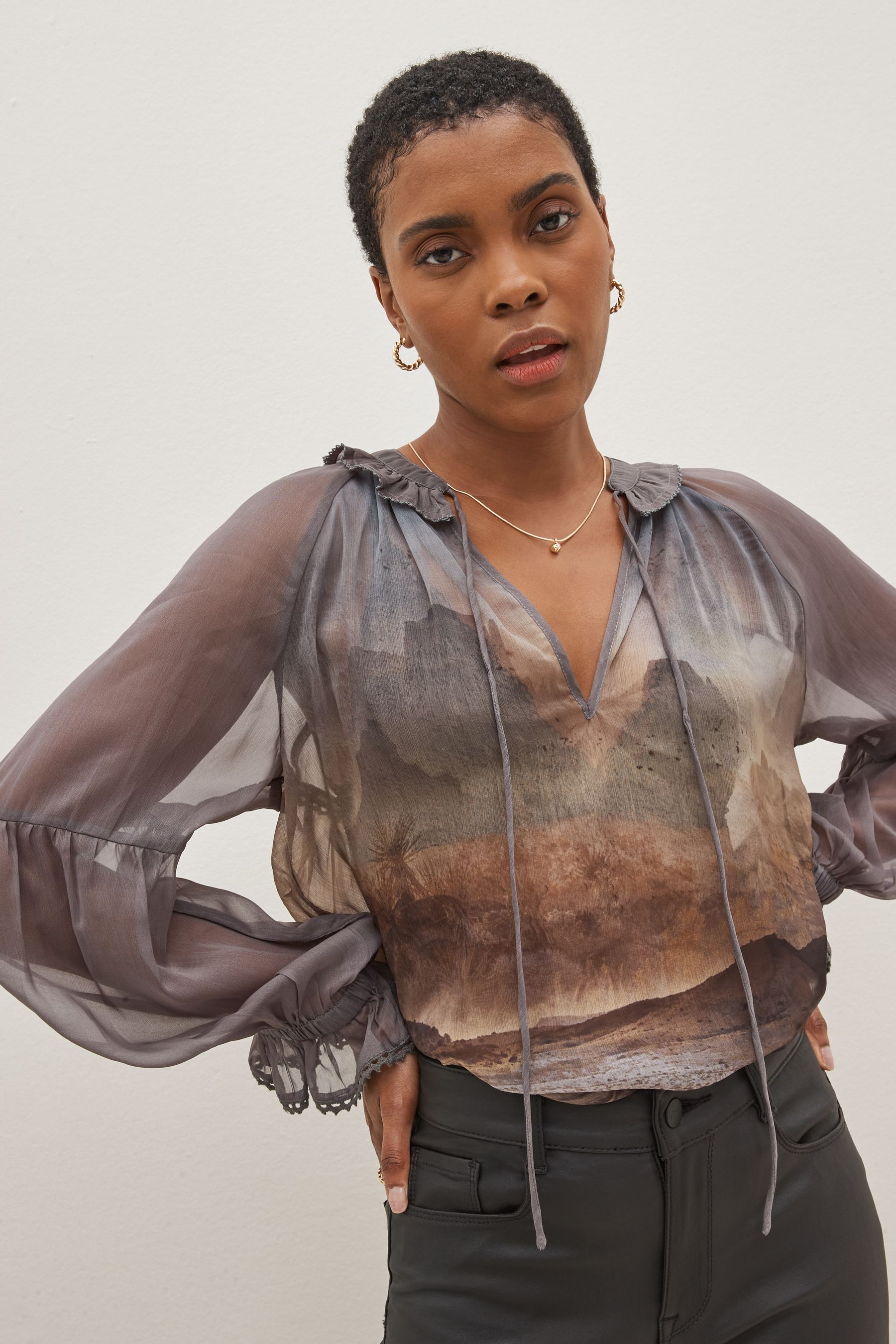 Buy Charocal Scenic Print Long Sleeve V Neck Sheer Blouse With Lace