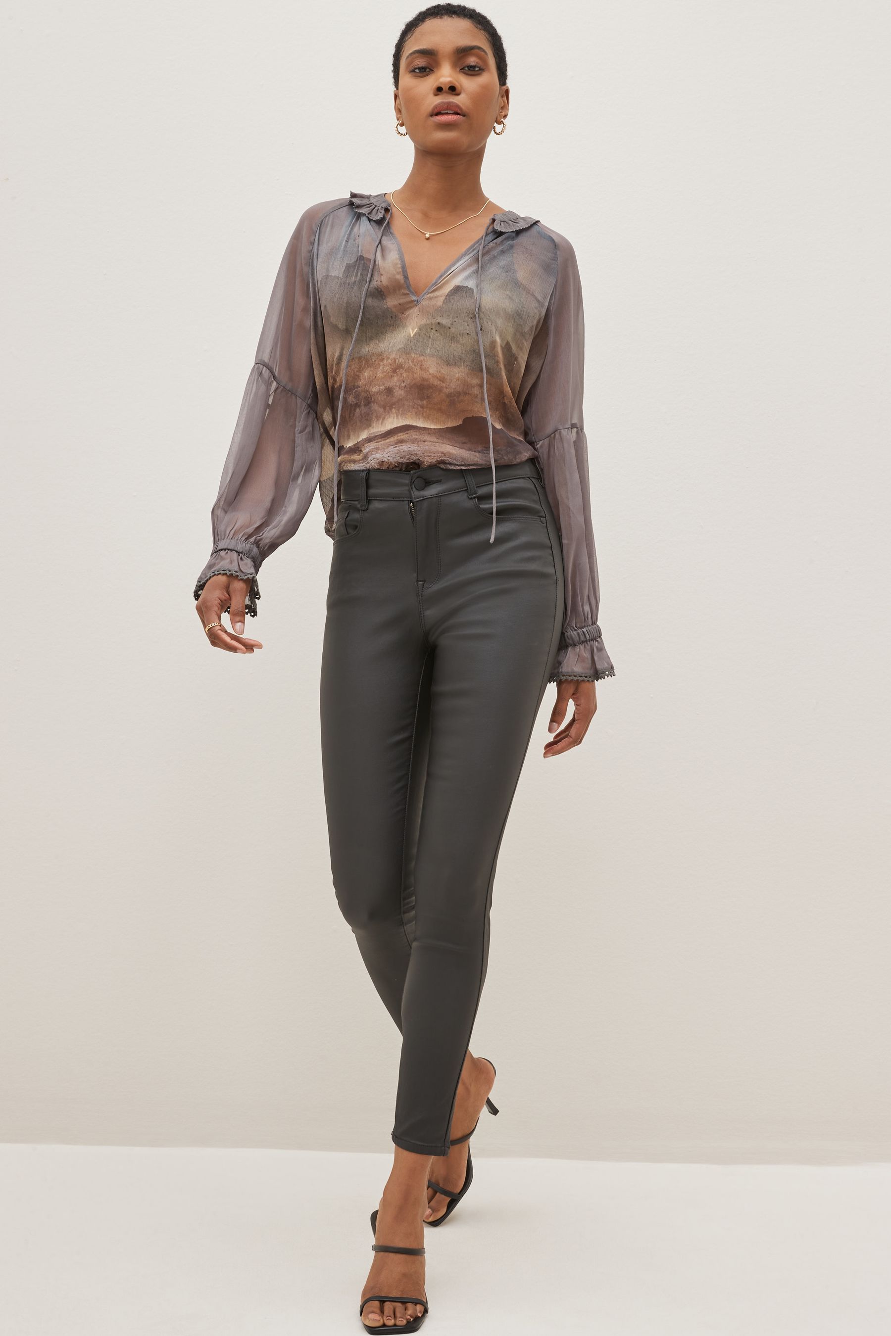 Buy Charocal Scenic Print Long Sleeve V Neck Sheer Blouse With Lace