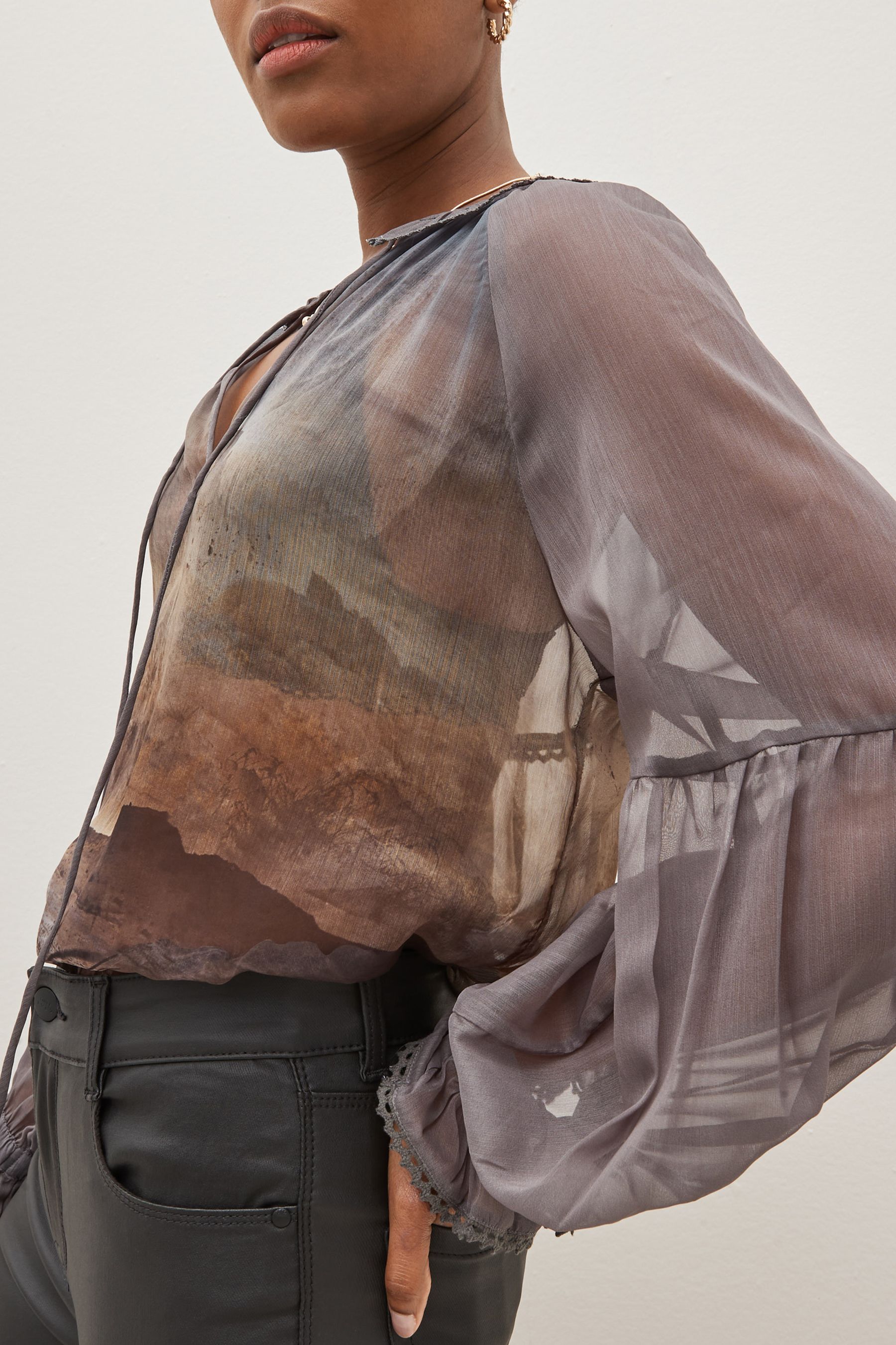 Buy Charocal Scenic Print Long Sleeve V Neck Sheer Blouse With Lace