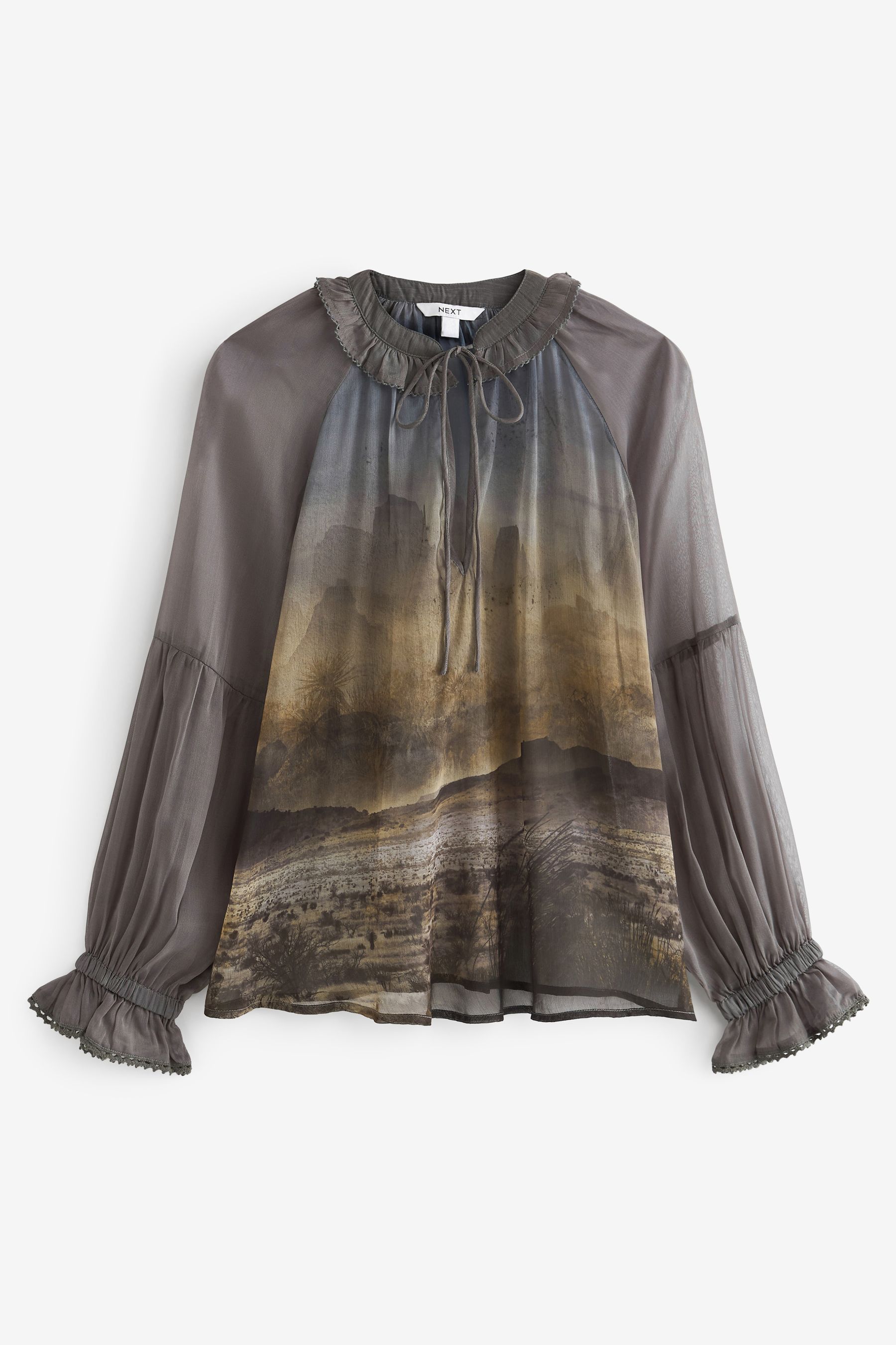 Buy Charocal Scenic Print Long Sleeve V Neck Sheer Blouse With Lace