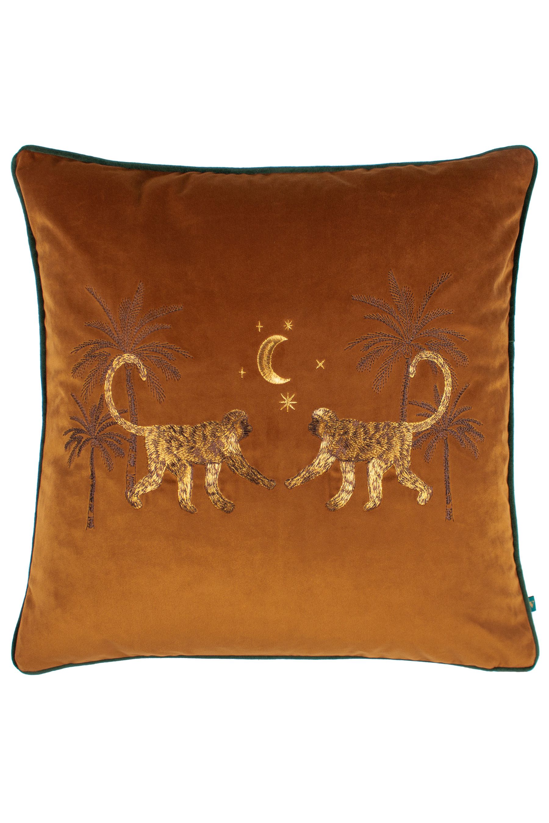 Buy Wylder Orange Dusk Monkey Embroidered Piped Velvet Cushion from the ...