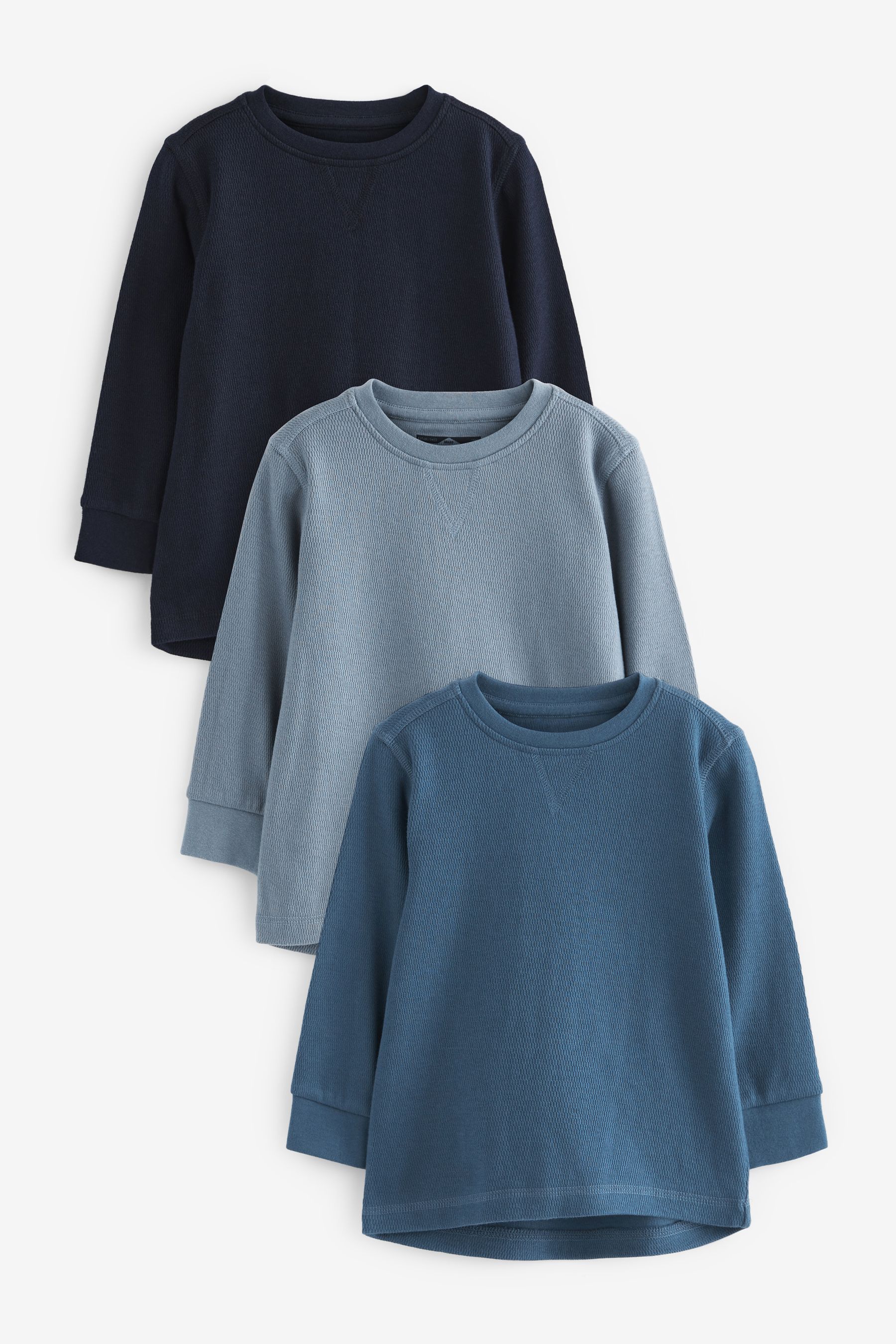 Buy Blue Long Sleeve Textured 100% Cotton T-Shirts 3 Pack (3mths-7yrs ...