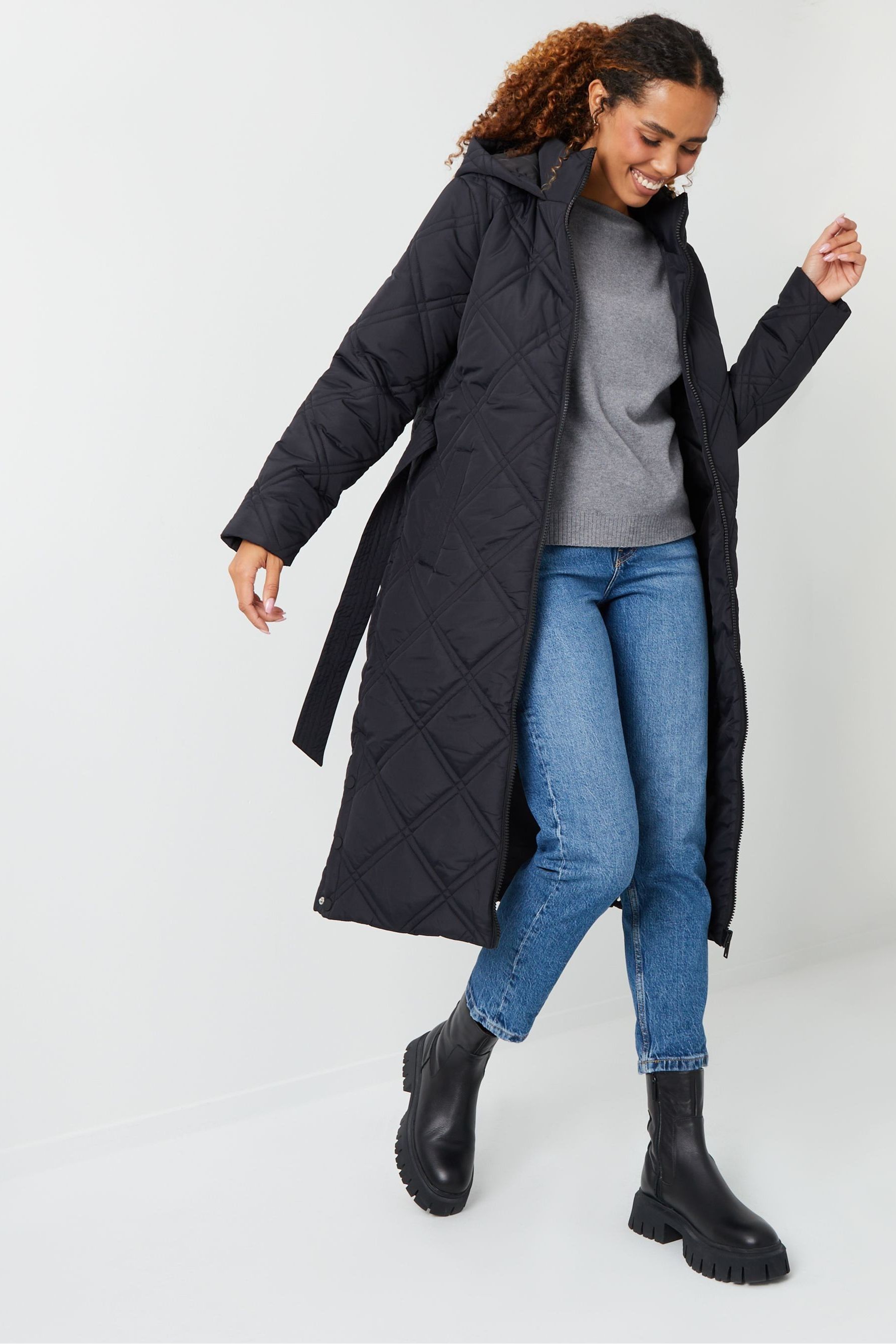 Buy Threadbare Black Belted Diamond Quilted Padded Coat from the Next ...