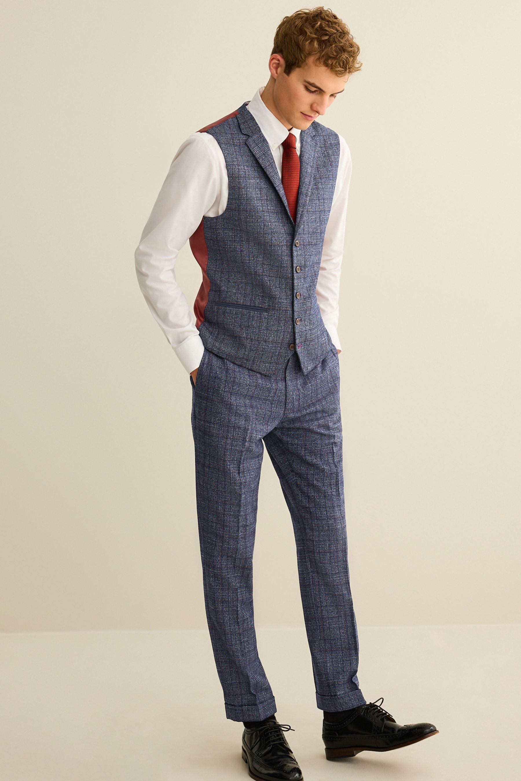 Buy Navy Blue Slim Fit Trimmed Check Waistcoat from the Next UK online shop
