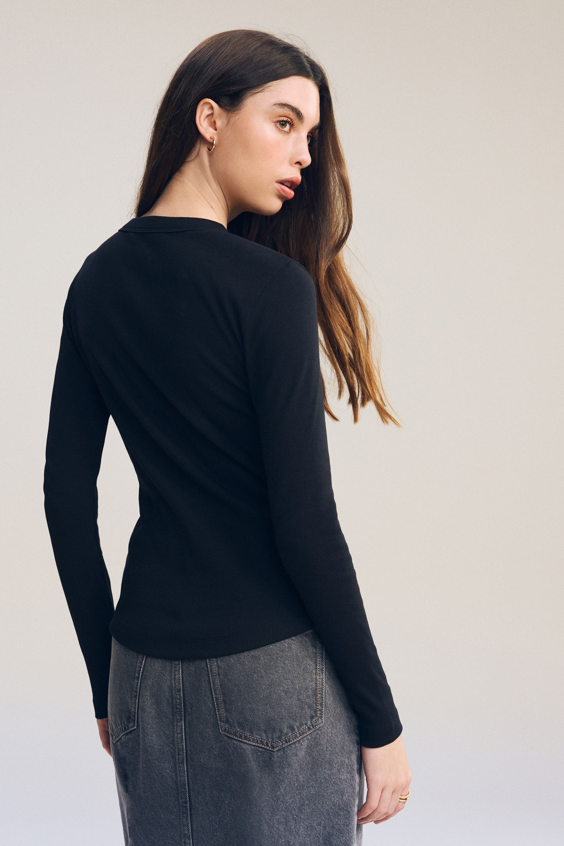 Buy Black Long Sleeve Ribbed Crew Neck Top from the Next UK online shop