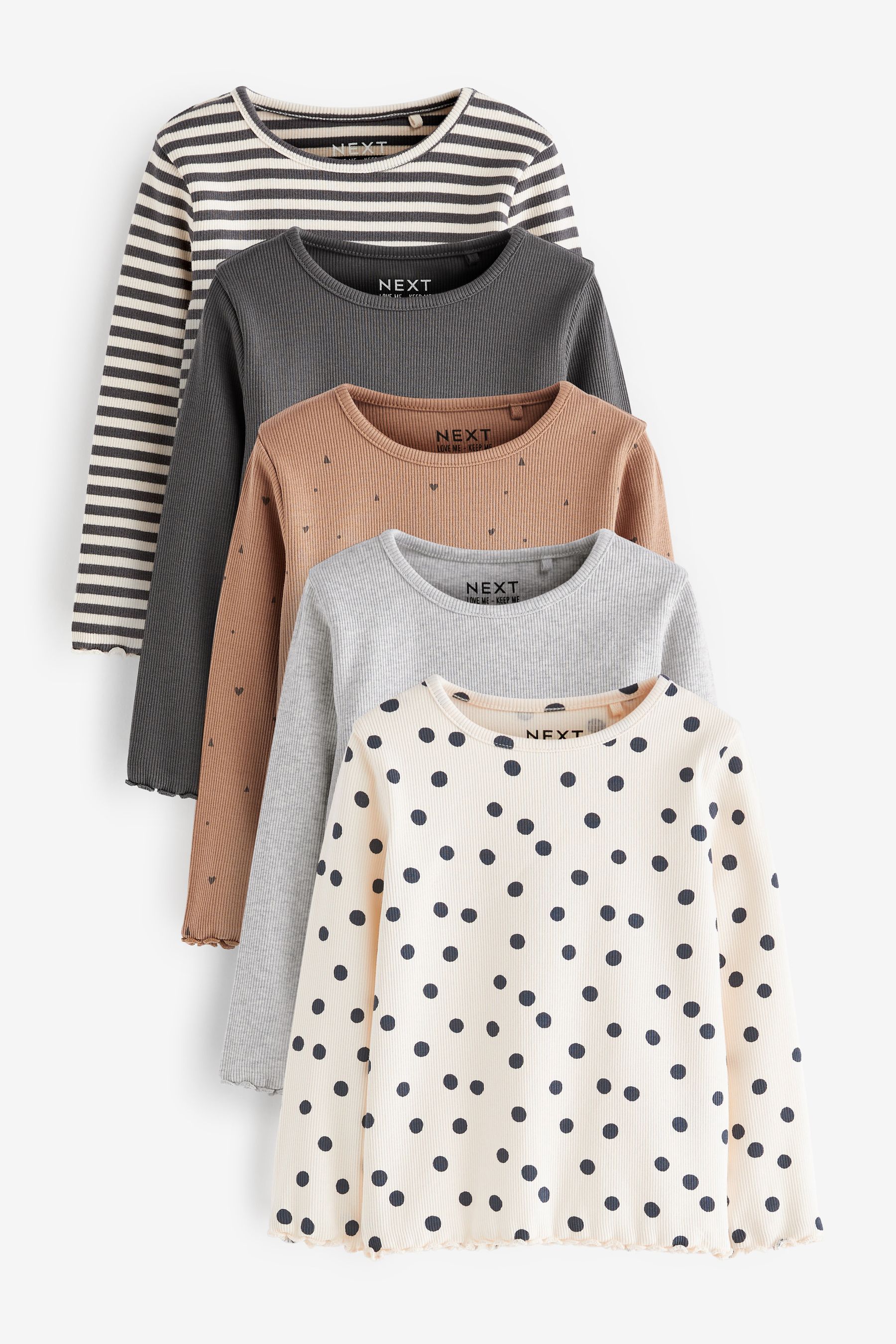 Buy Monochrome Ribbed Long Sleeve Tops 5 Pack (3mths-7yrs) from the ...