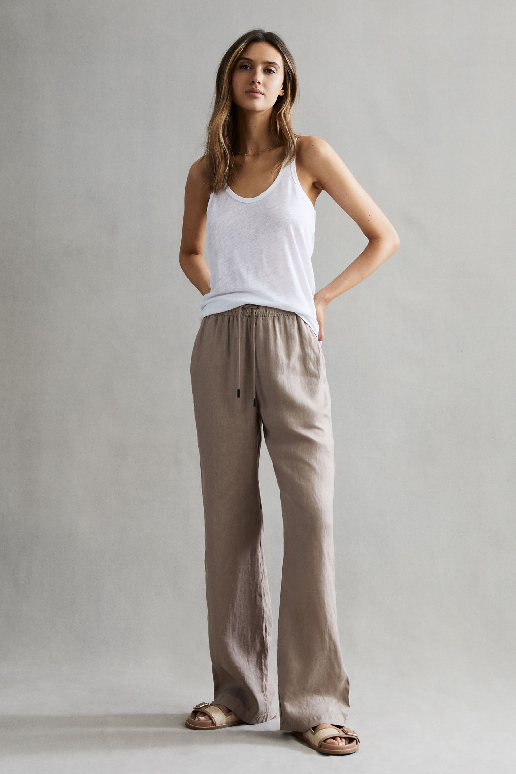 Buy Reiss Mink Cleo Linen Wide Leg Drawstring Trousers from the Next UK ...