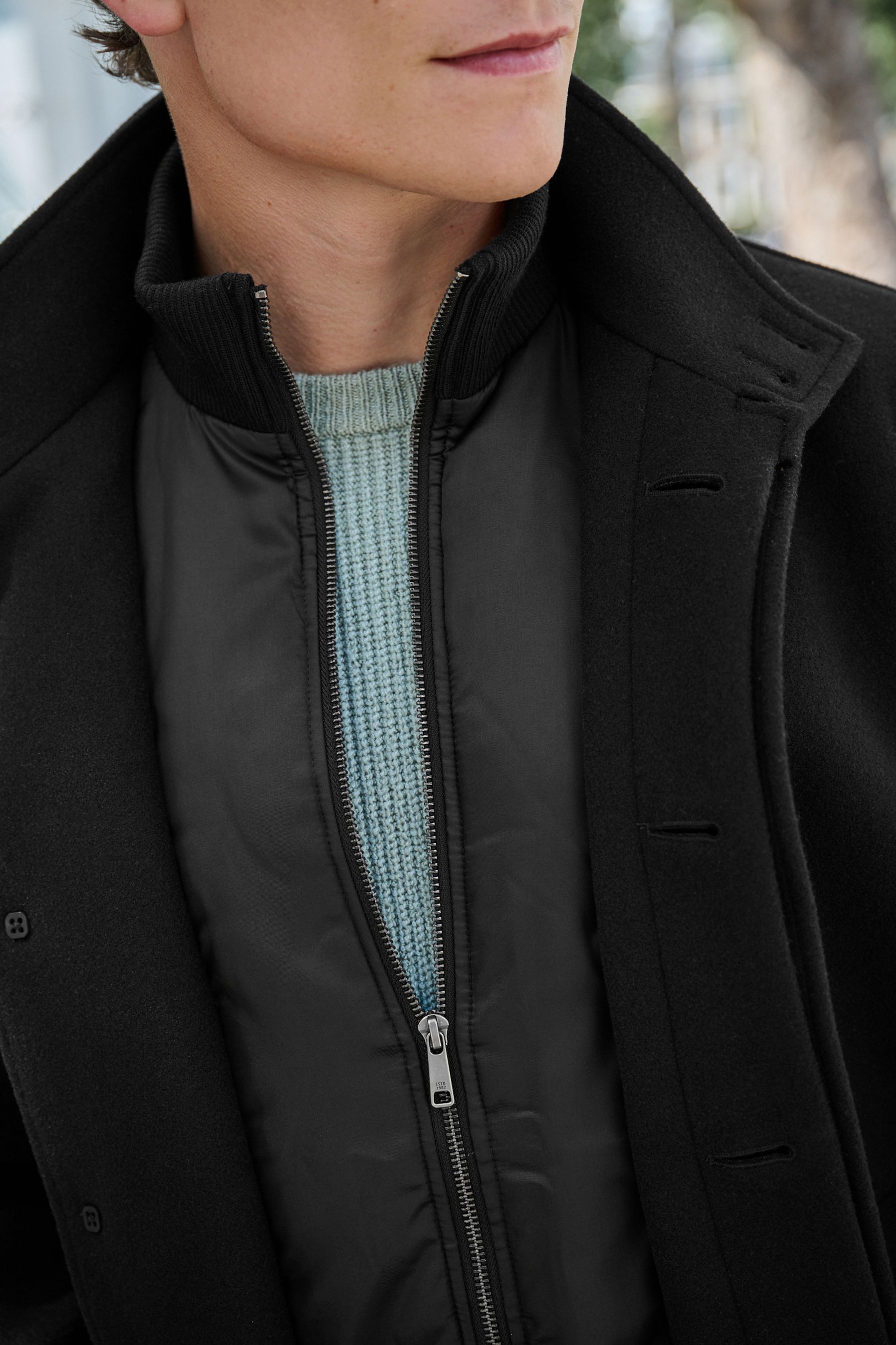 Buy Black Funnel Neck Coat With Built In Gilet from Next Bahrain