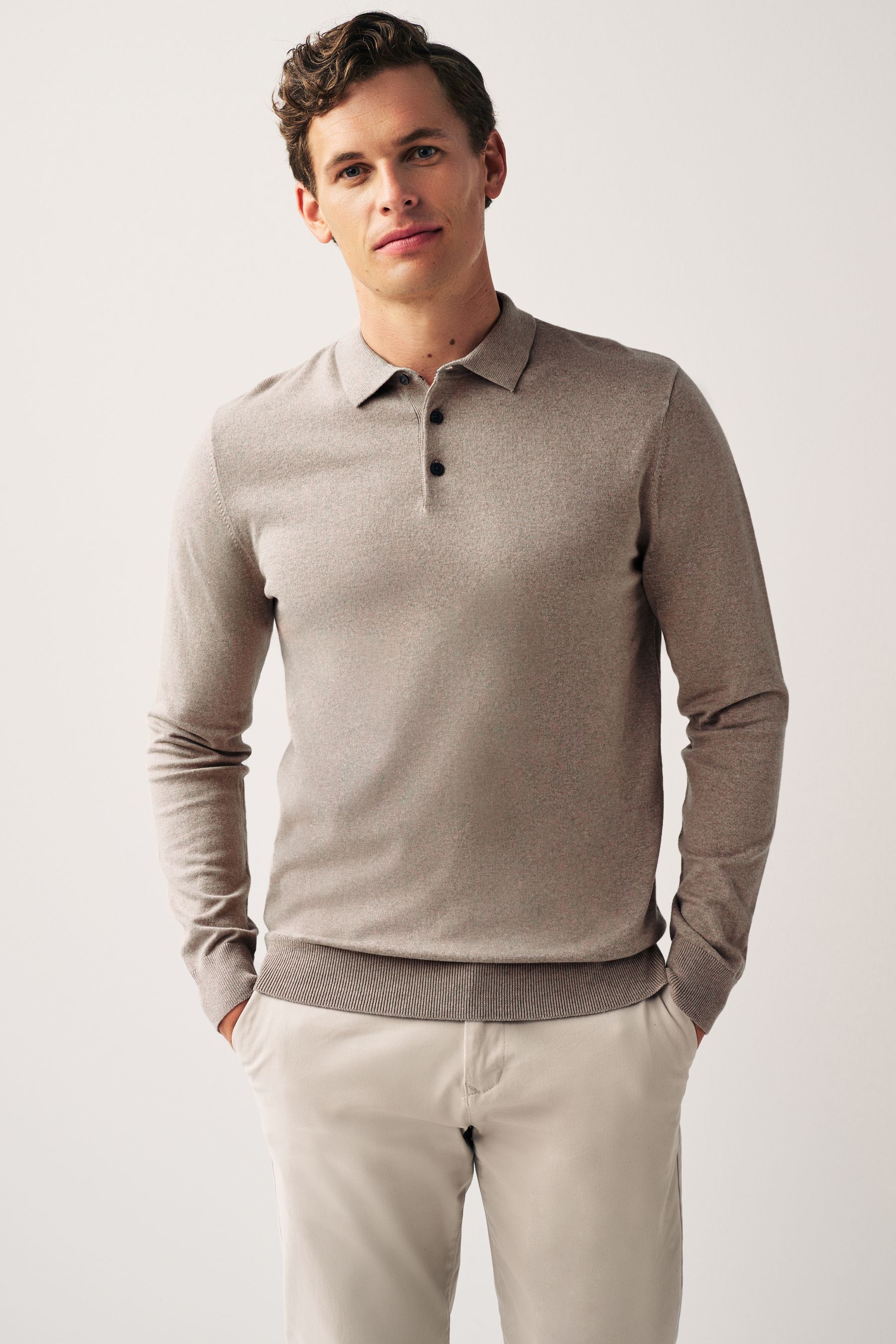 Buy Neutral Regular Knitted Long Sleeve Polo Shirt from Next Saudi Arabia