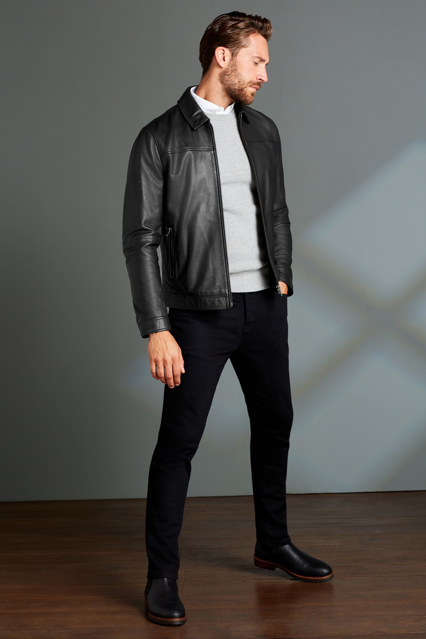 Buy Black Signature Leather Collared Jacket from the Next UK online shop