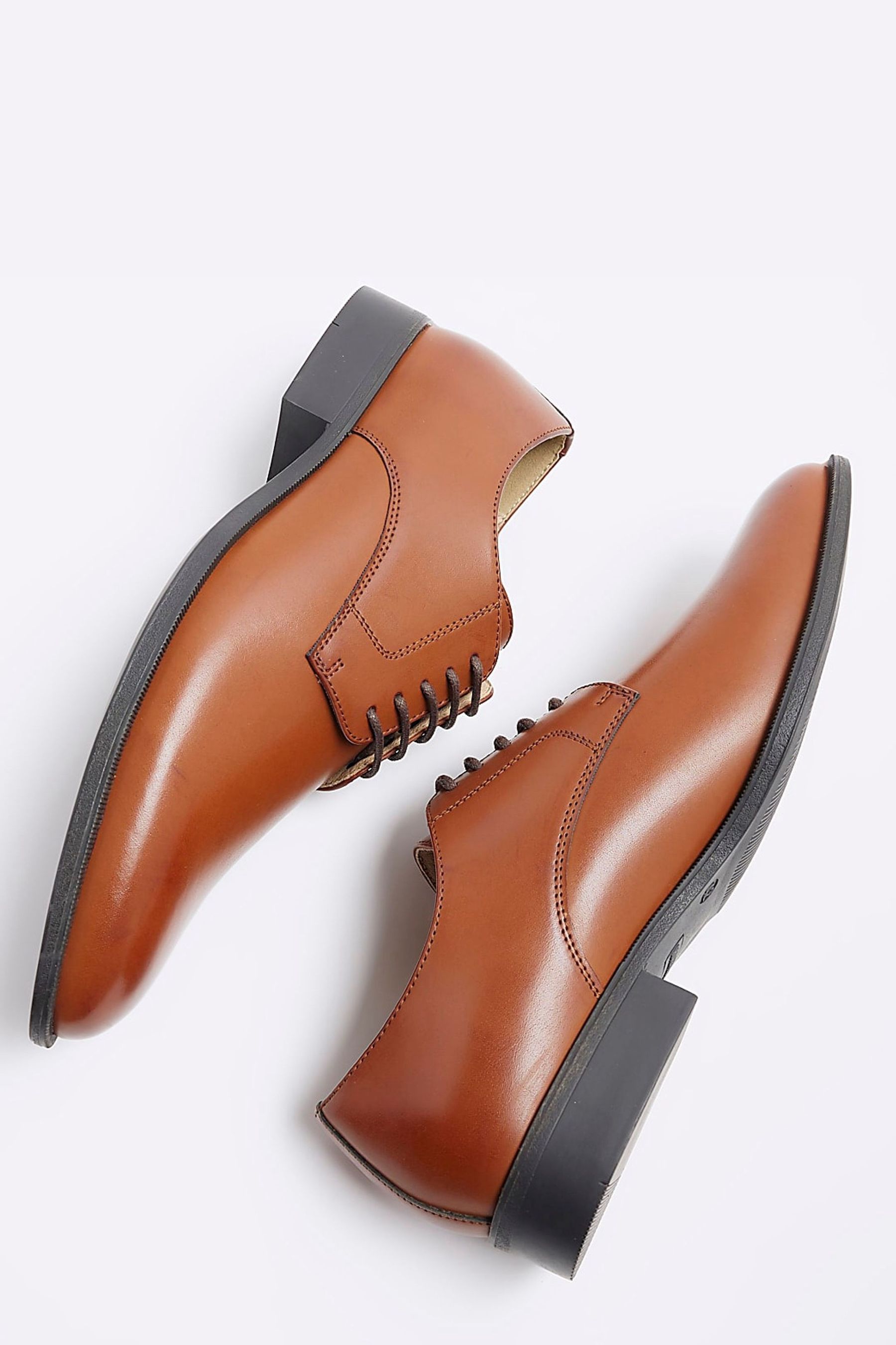 Buy River Island Brown Formal Point Leather Lace-Up Brogue Derby Shoes ...