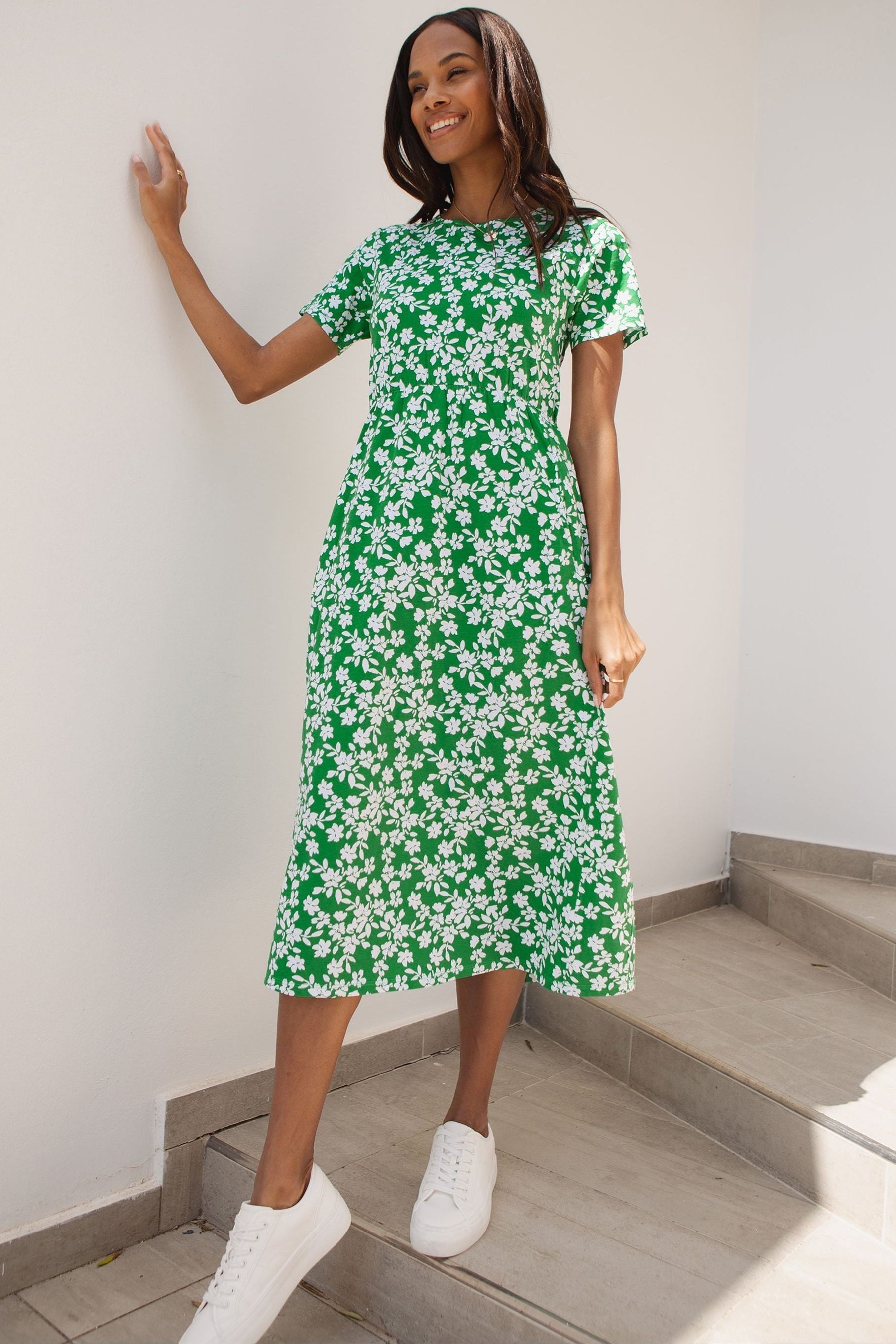 Buy Threadbare Green Floral 100% Cotton Smock Style Midi Dress from the ...