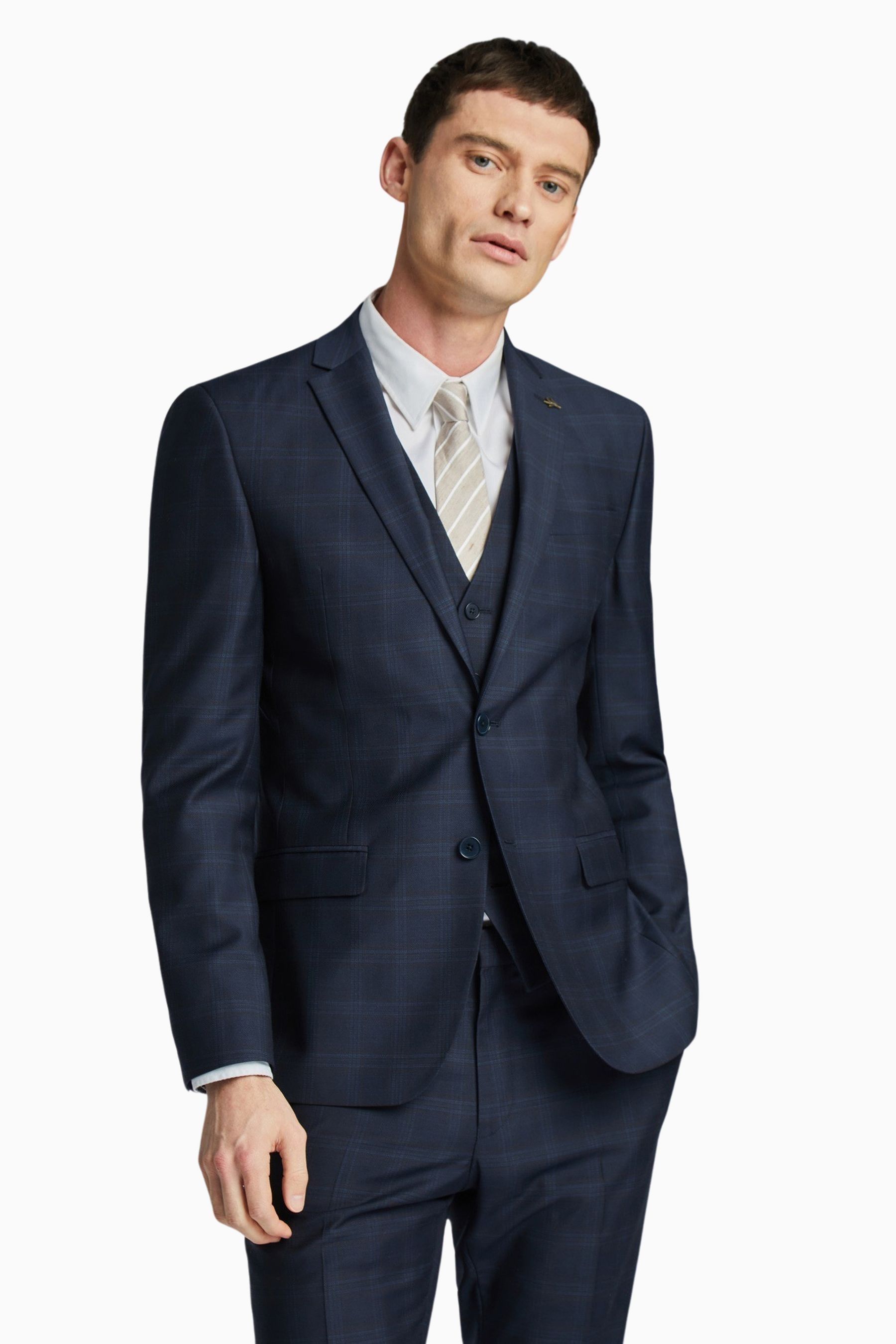 Buy Ted Baker Tailoring Blue/Rust Check Textured Slim Fit Jacket from ...
