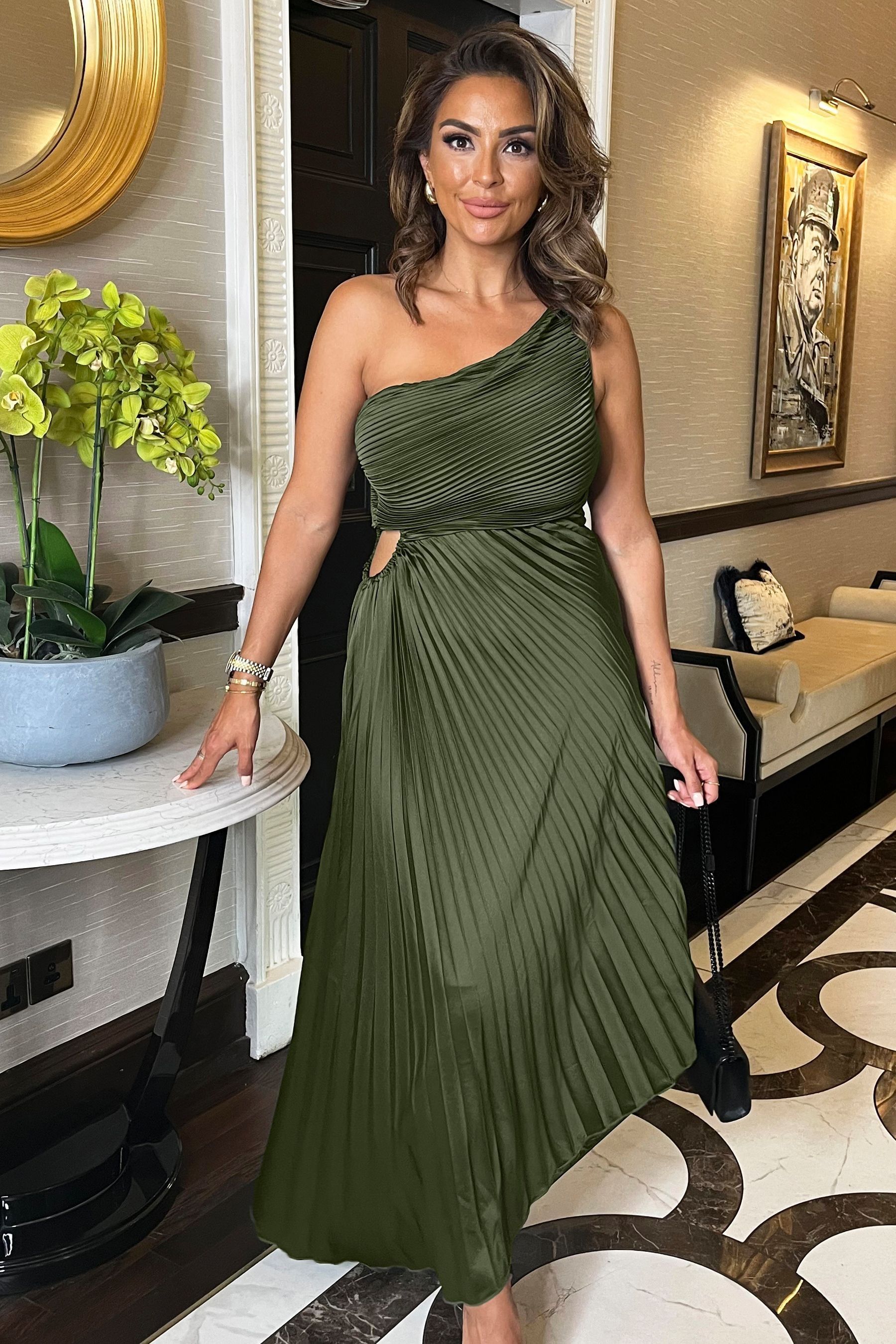 Buy AX Paris Olive One Shoulder Pleated Satin Midi Dress from Next Ireland