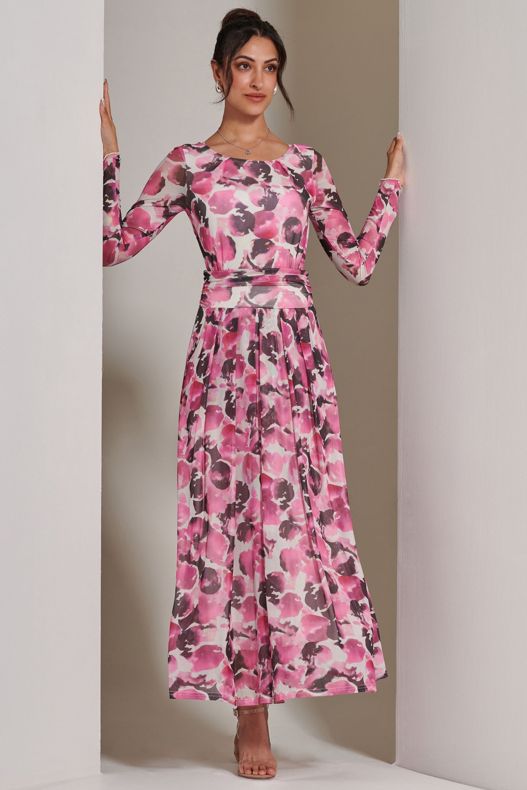 Buy Jolie Moi Pink Long Sleeve Printed Mesh Maxi Dress from Next Ireland
