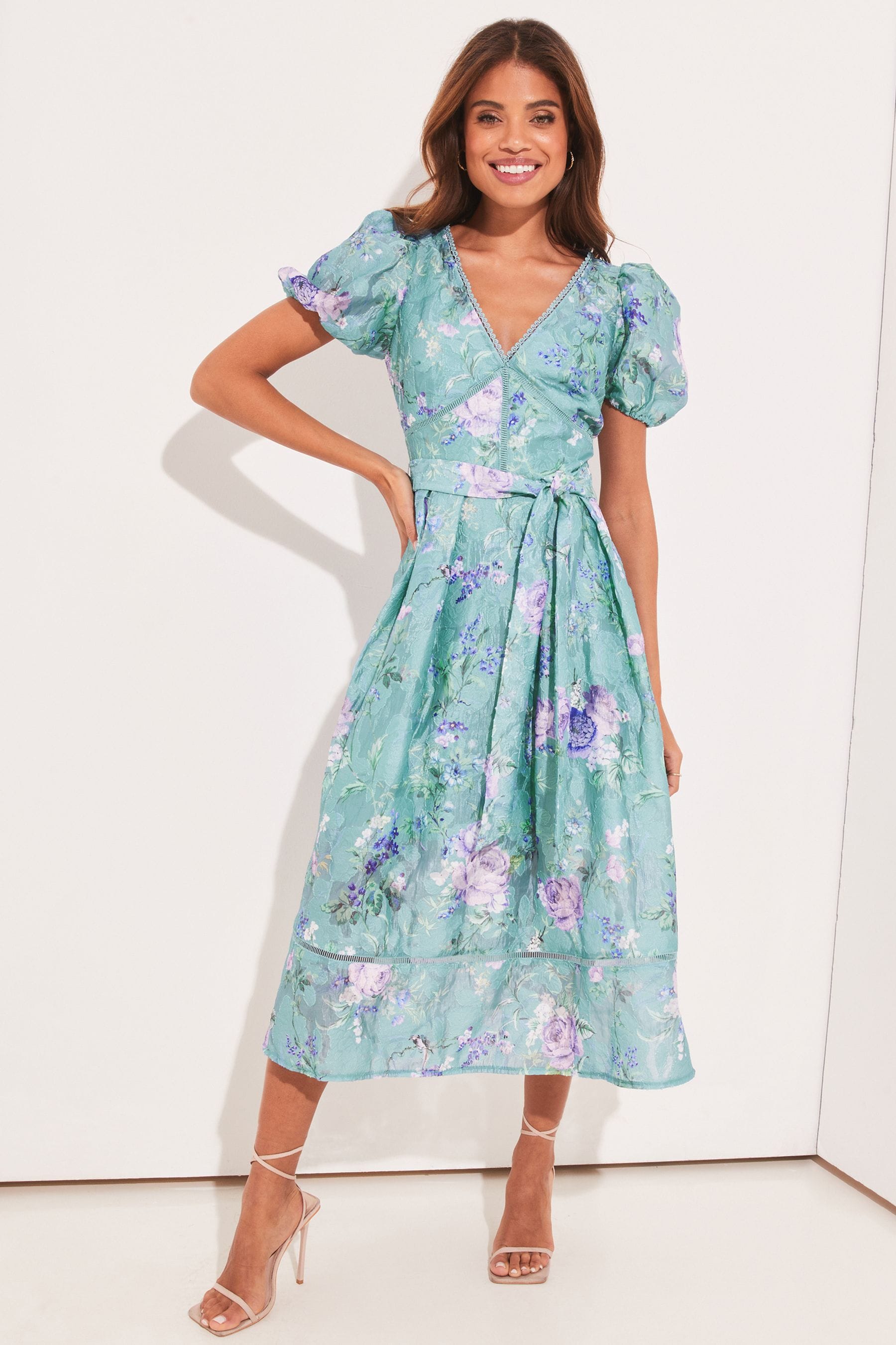 Buy Lipsy Blue Premium V Neck Belted Lace Short Puff Sleeve Midi Dress