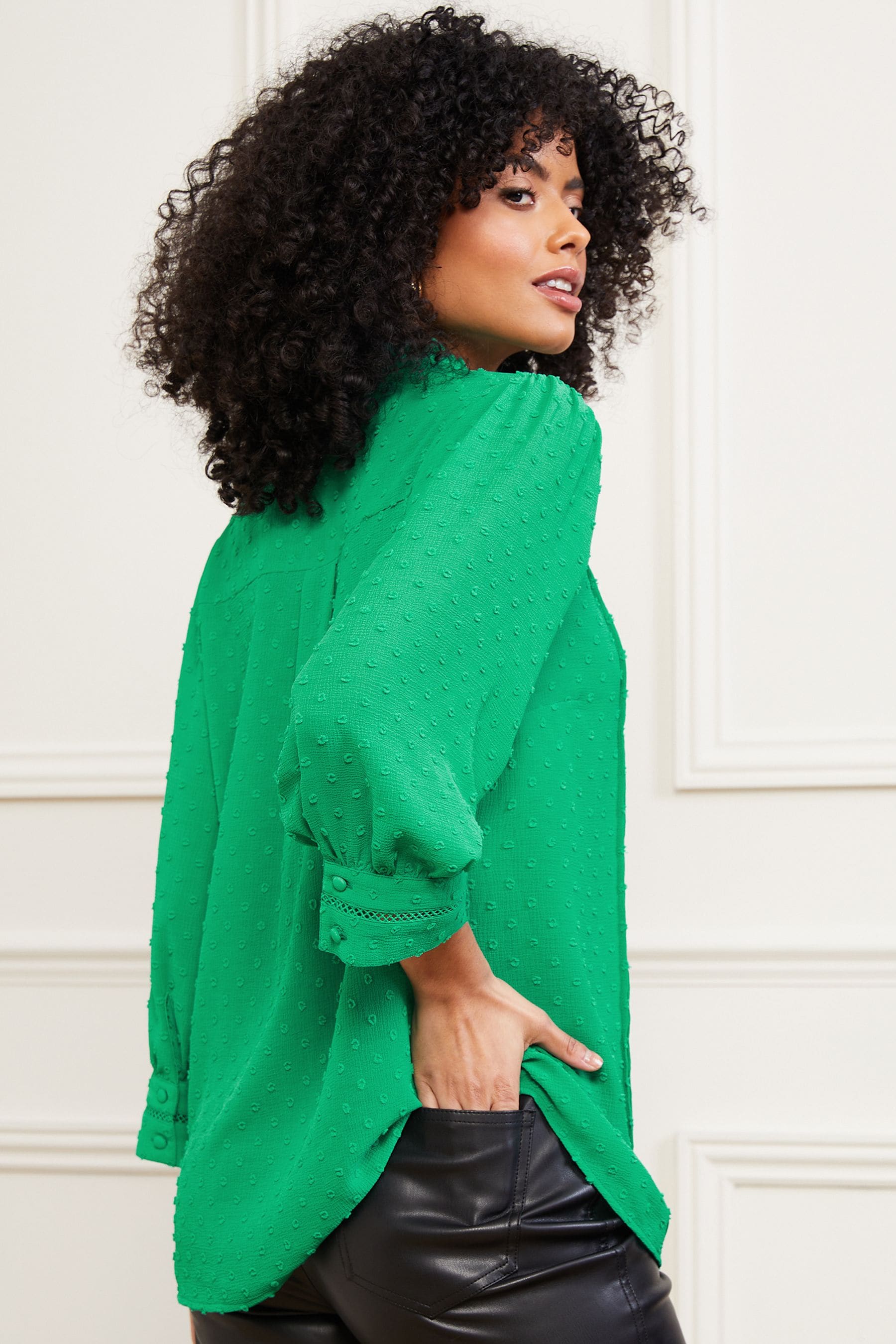 Buy Love & Roses Green Dobby Lace Trim 3/4 Sleeve Button Through Blouse ...