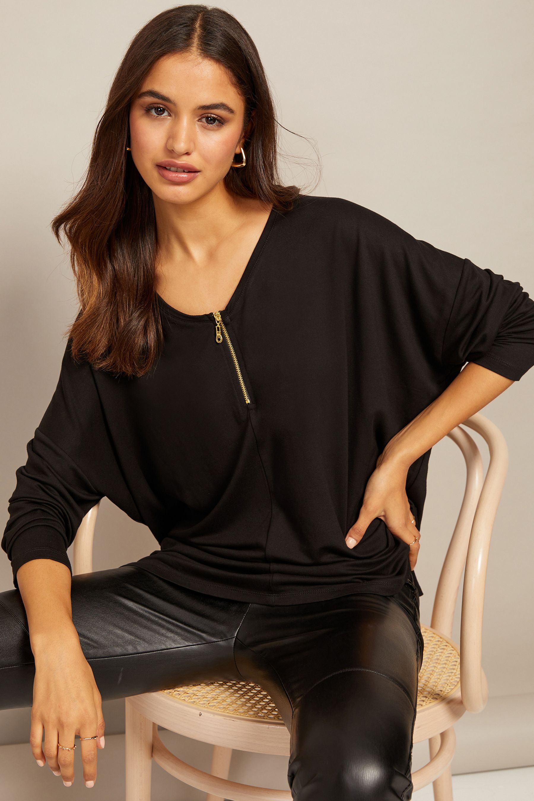 Buy Friends Like These Black Zip Soft Jersey V Neck Long Sleeve Tunic ...