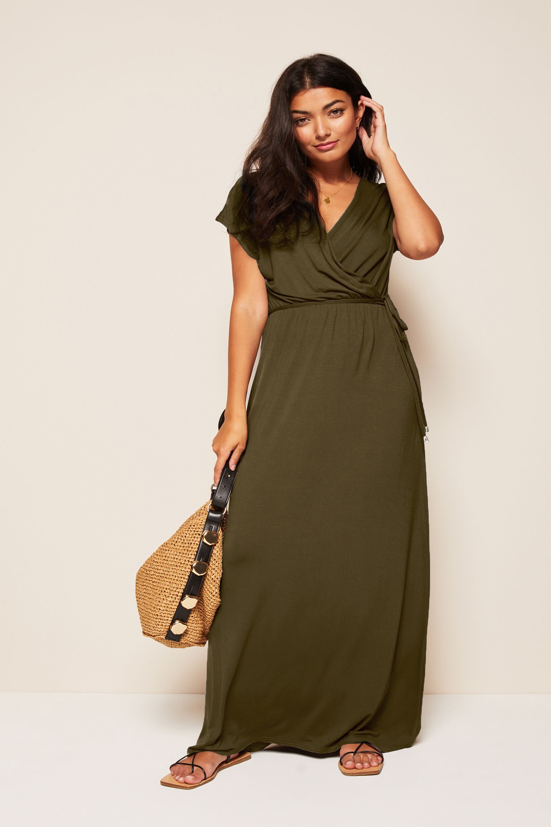 Buy Friends Like These Khaki Green Short Sleeve Wrap V Neck Tie Waist ...