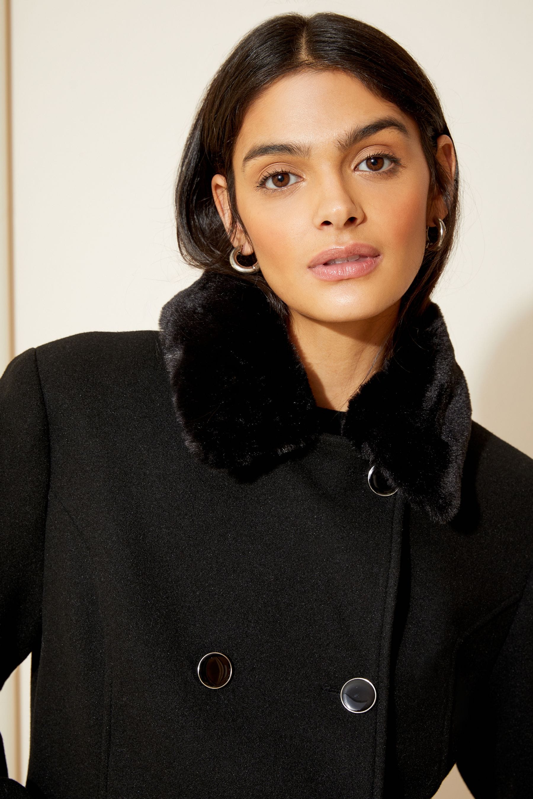 Buy Friends Like These Black Faux Fur Collar Military Button Coat from ...