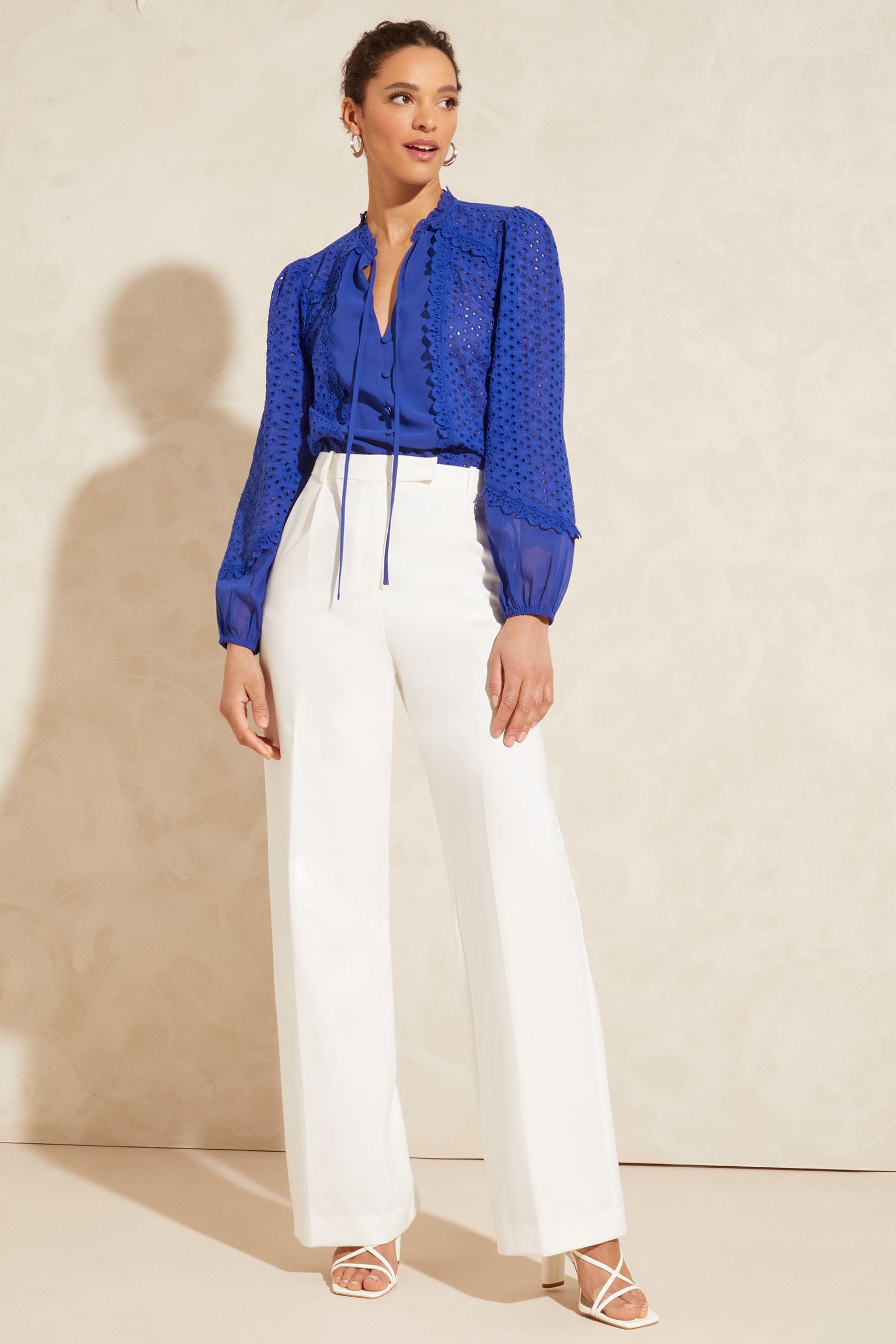 Buy Love & Roses Cobalt Blue Ruffle Sheer Tie Neck Long Sleeve Blouse ...