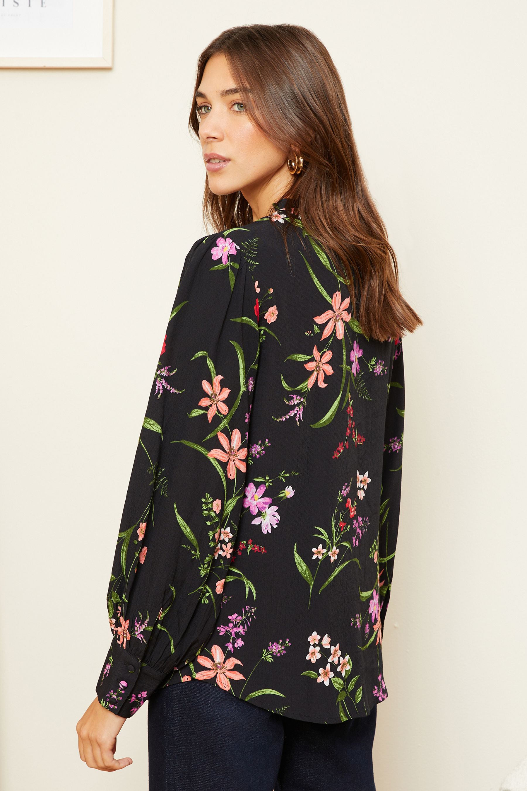 Buy Love & Roses Black and White Floral Ruffle Trim V Neck Long Sleeve ...