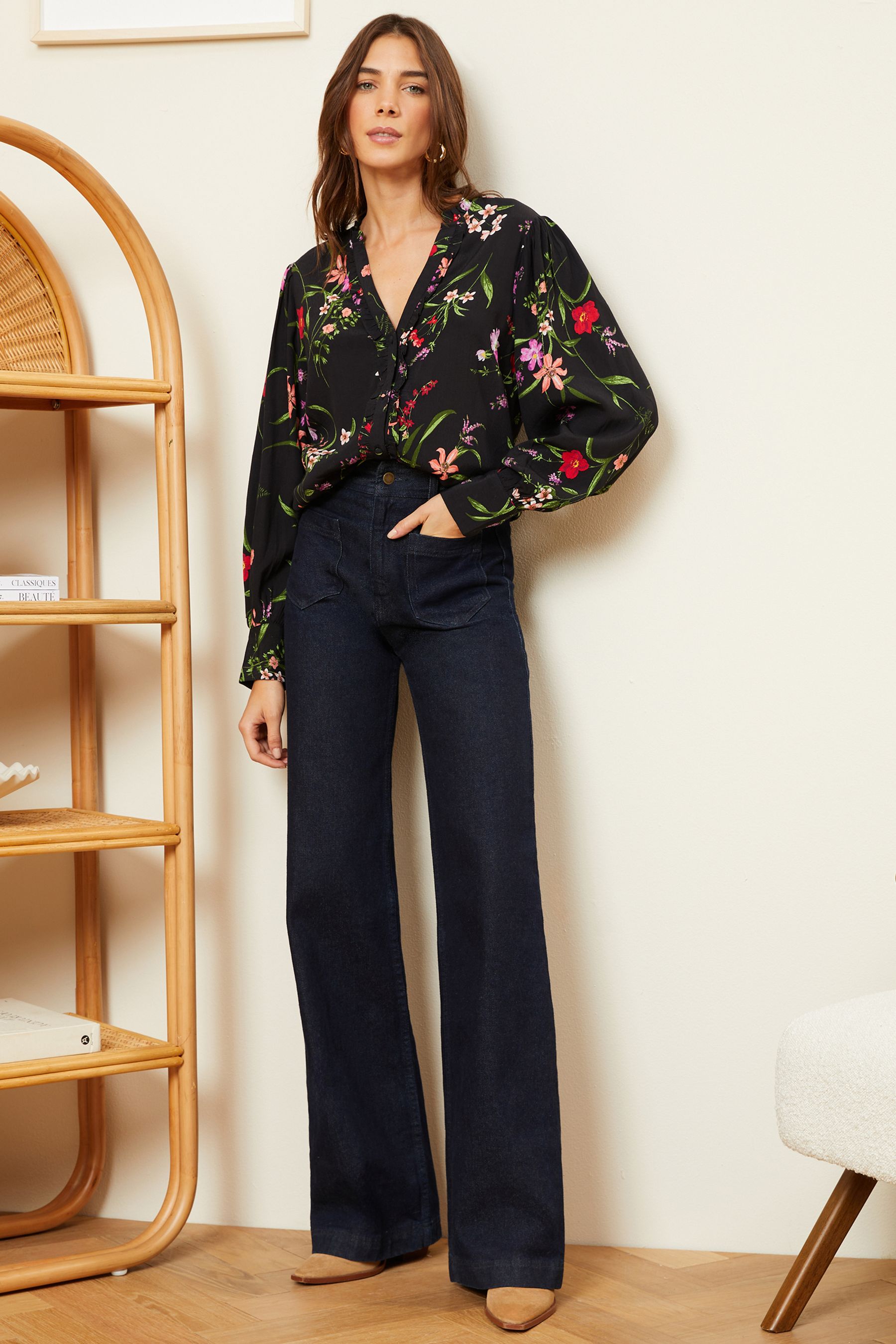 Buy Love & Roses Black and White Floral Ruffle Trim V Neck Long Sleeve ...