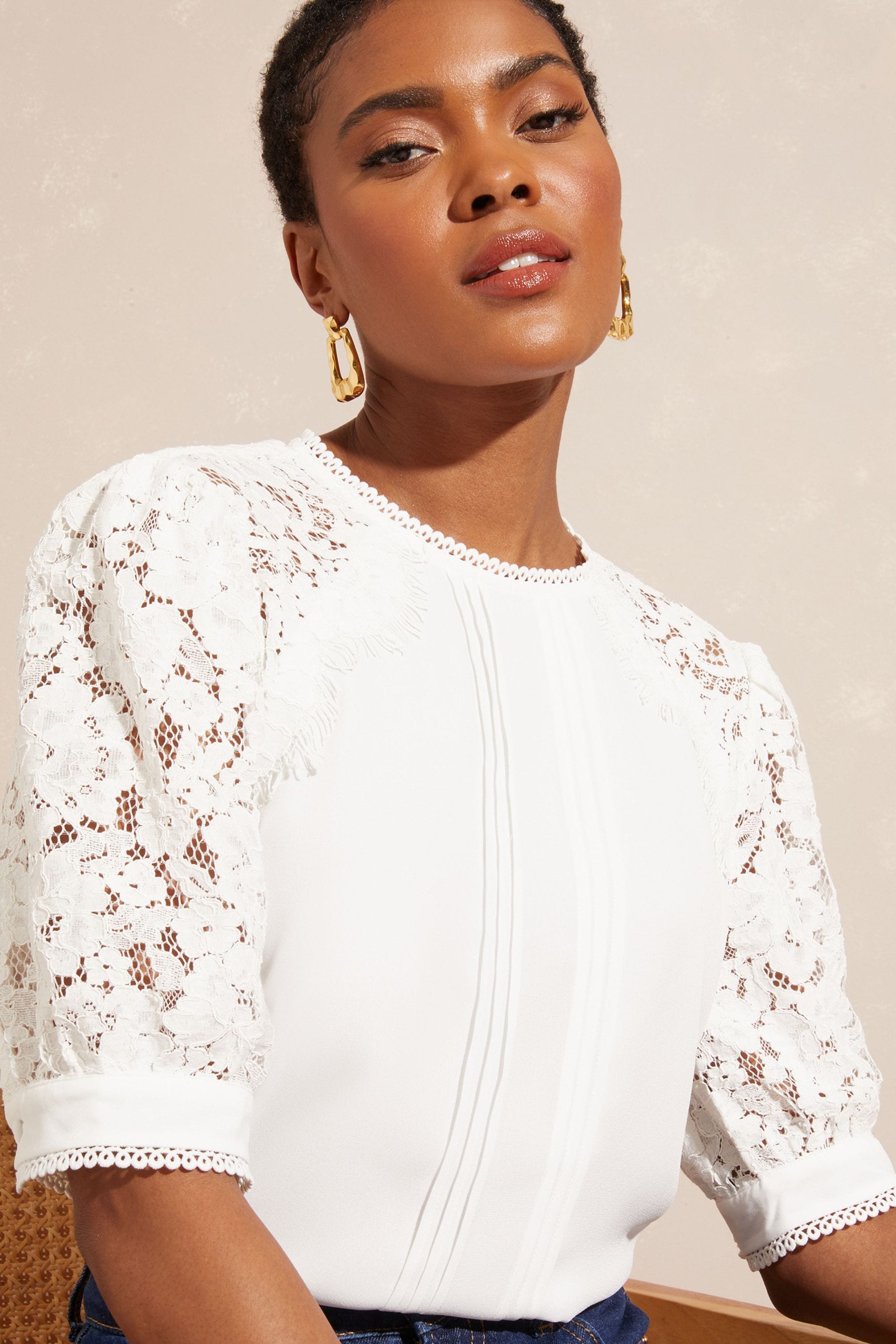 Buy Love & Roses Ivory Short Sleeve Lace Trim Bow Back Blouse from Next ...